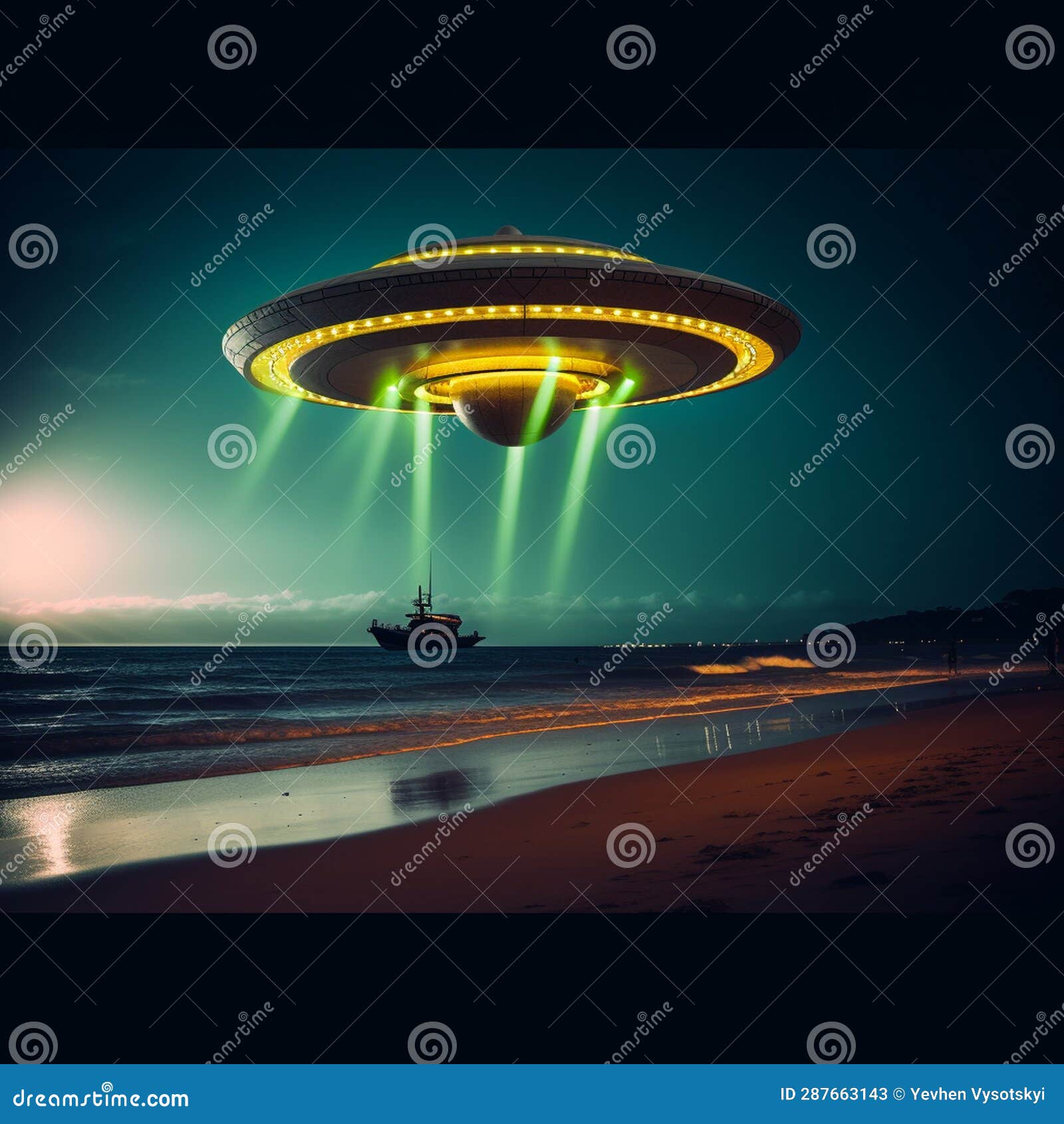 A Disk-shaped Alien Spacecraft Lands on the Ocean Coast, Above the ...