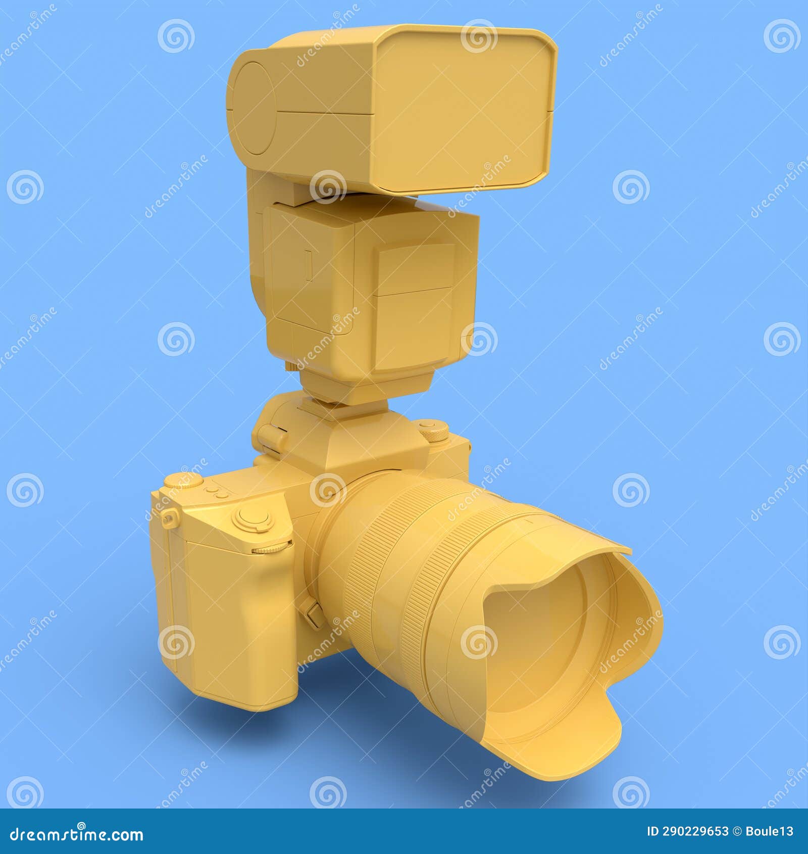 Nonexistent DSLR Camera with Lens and Flash Speedlight on Blue ...