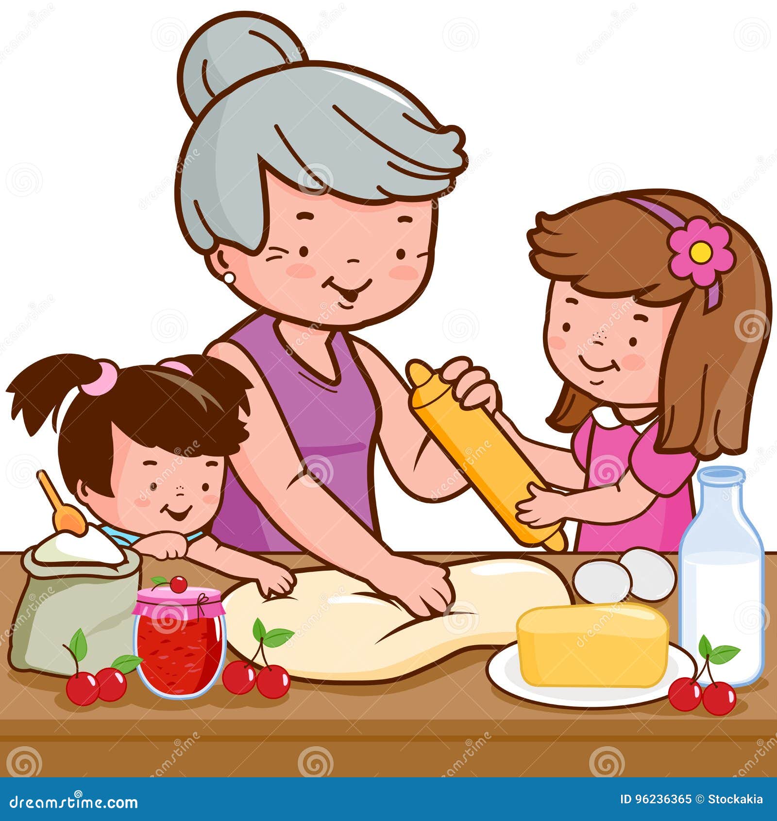 Nonna E Bambini Che Cucinano Nella Cucina Illustrazione Vettoriale ...