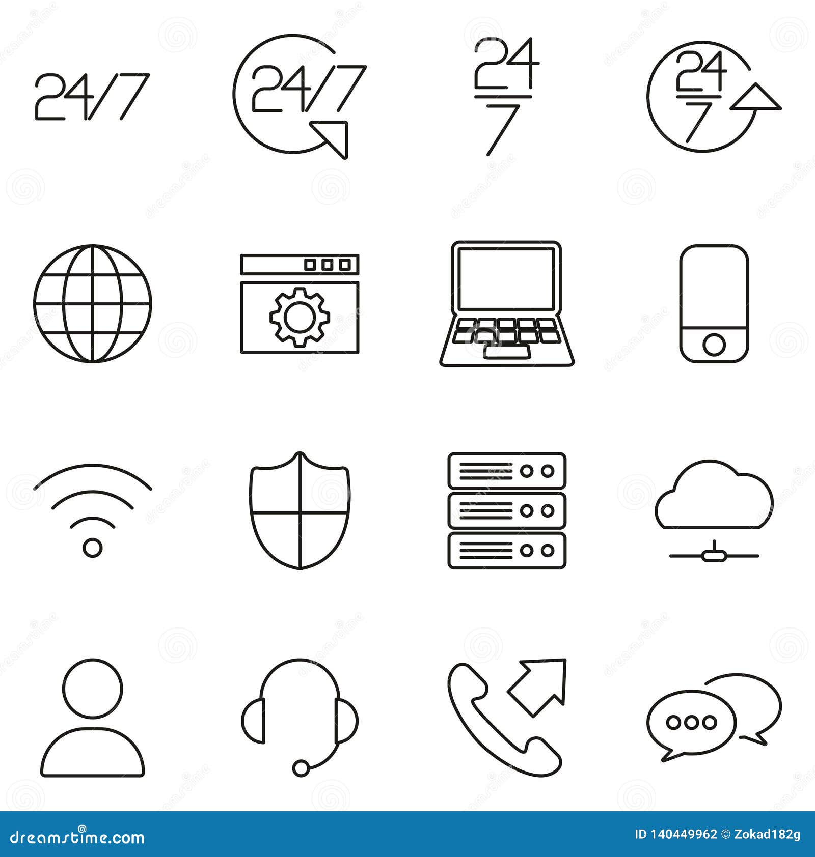 Nonstop Service or 247 Service Icons Thin Line Vector Illustration Set ...