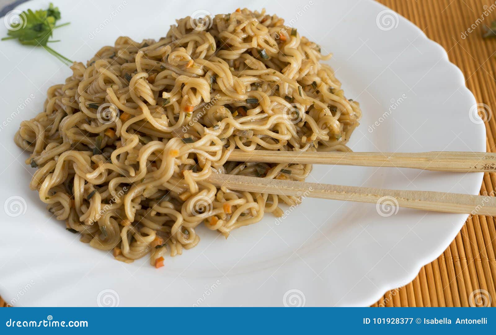 Noodles with Beef in Rectangle Plate with Bamboo Stic Stock Image ...