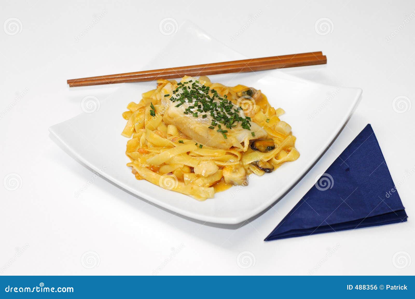 Noodles and fish. stock photo. Image of food, noodles, herb - 488356