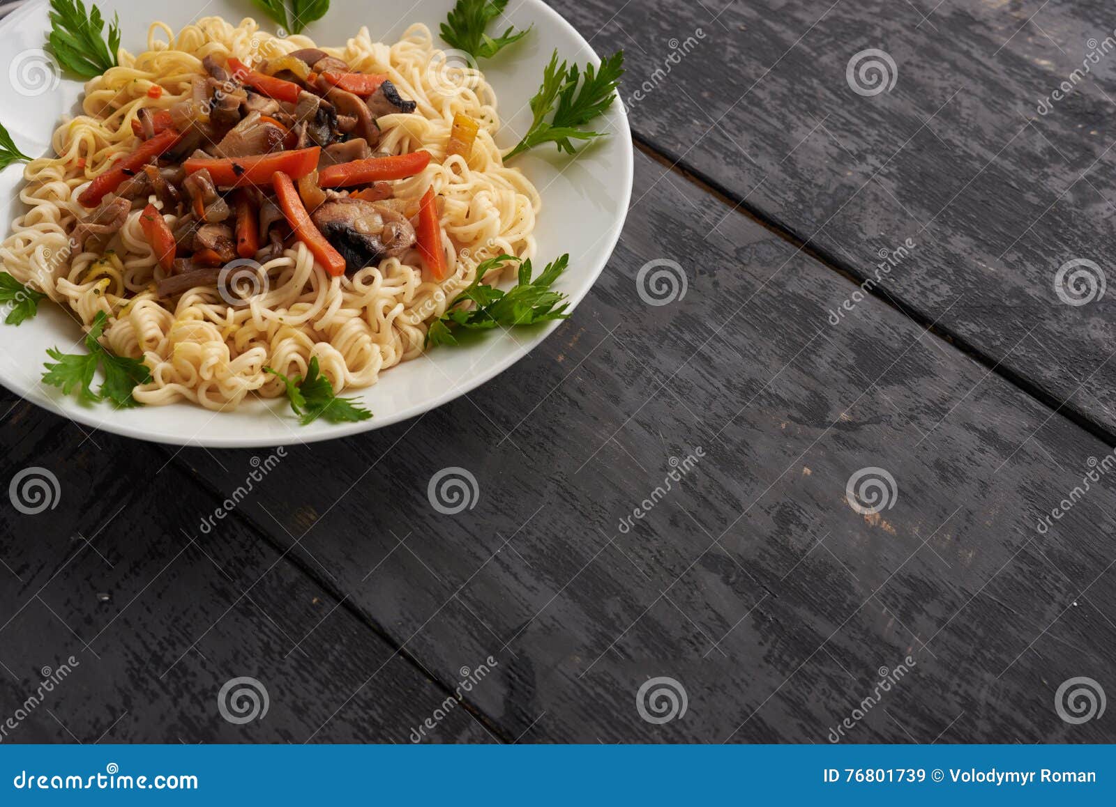 Noodles on a Plate on a Wooden Table Stock Image - Image of delicacy ...