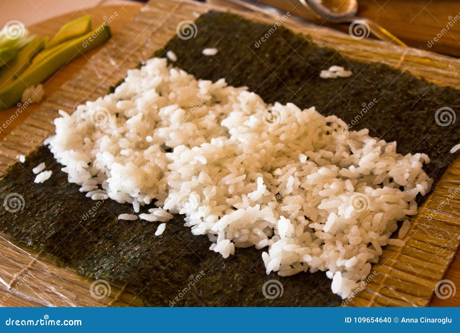 Nori Algae Leaf with Rice for Rolls with Cucumber and Avocado on Stock ...