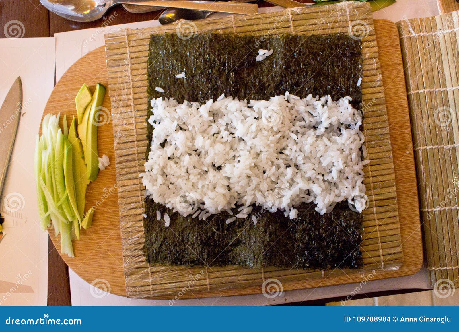 Nori Algae Leaf with Rice for Rolls with Cucumber and Avocado on Stock ...