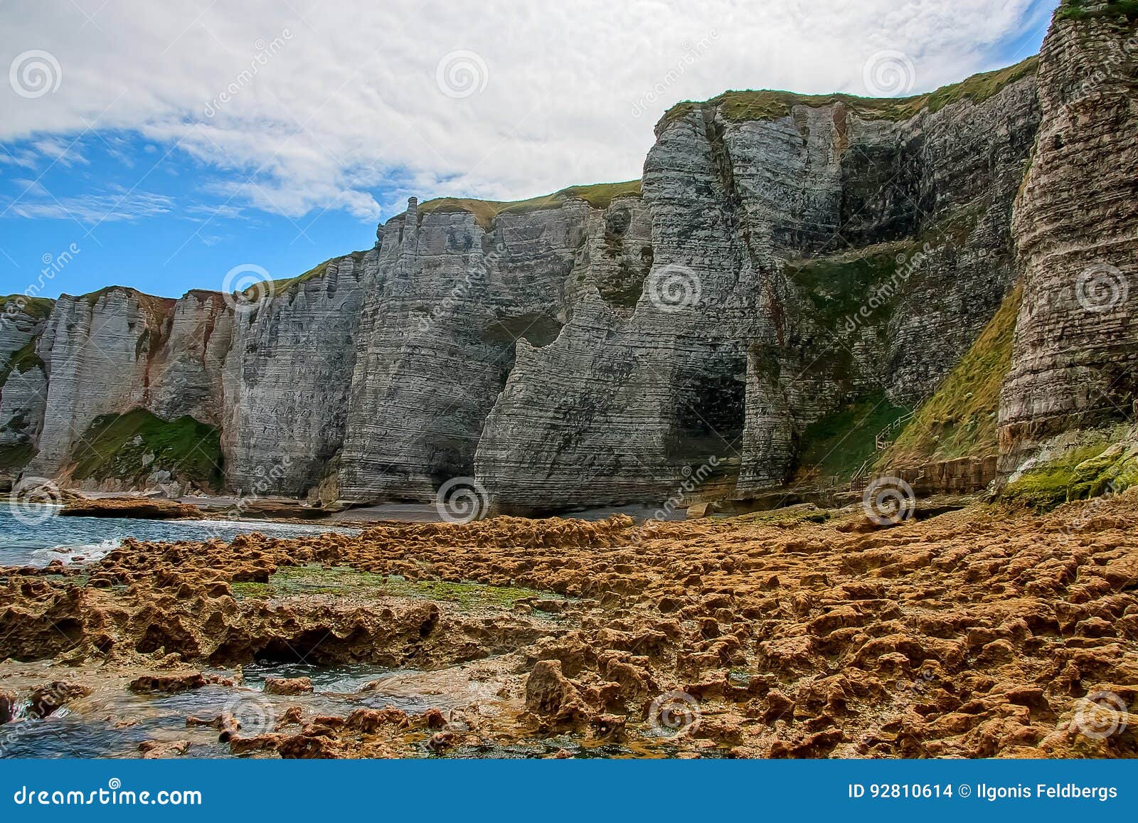 Normandy limestone cliffs stock photo. Image of flag - 92810614