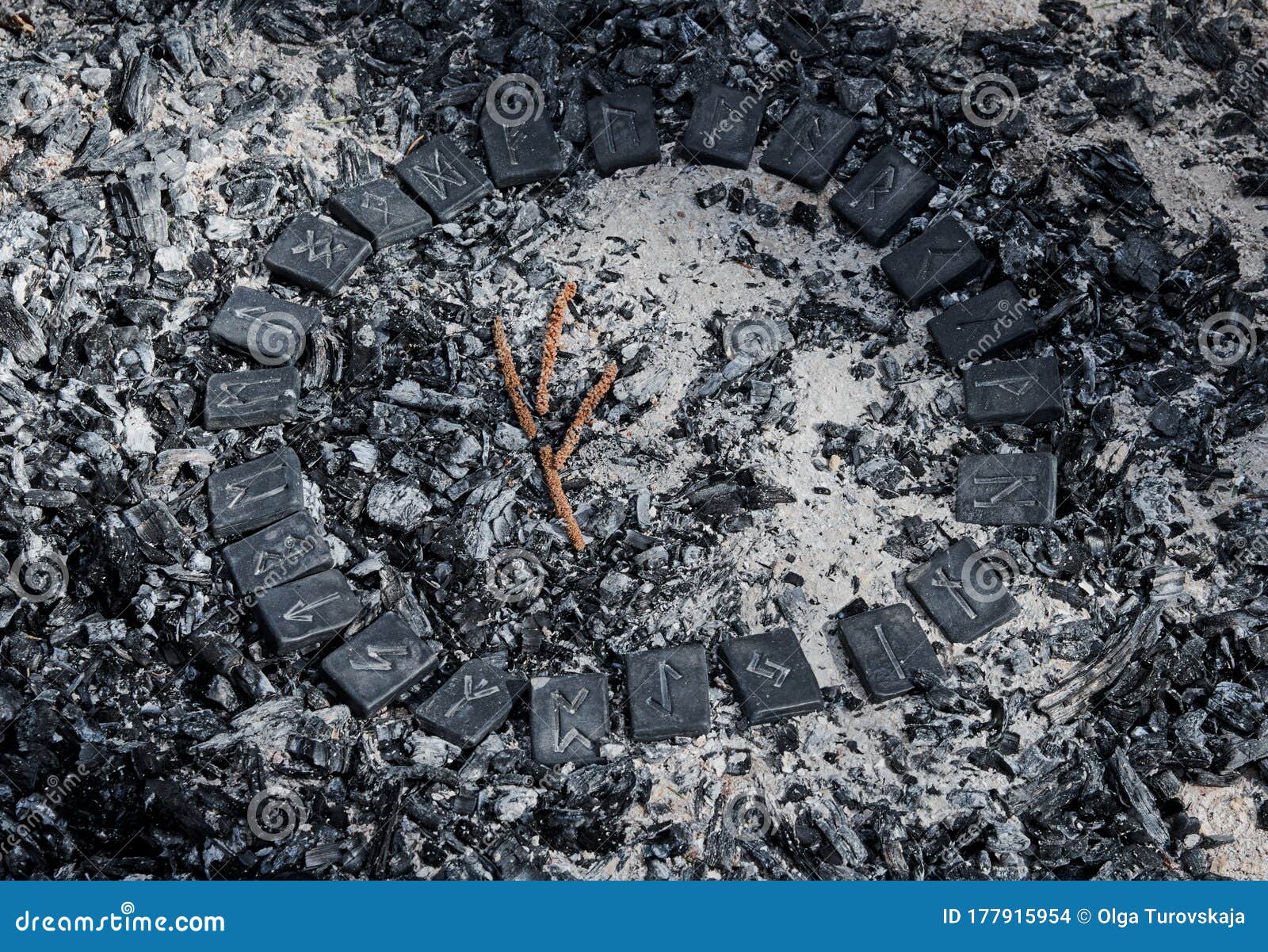 Norse Rune Fehu on Ashes Backgorund Inside the Circle of 24 Norse Runes ...