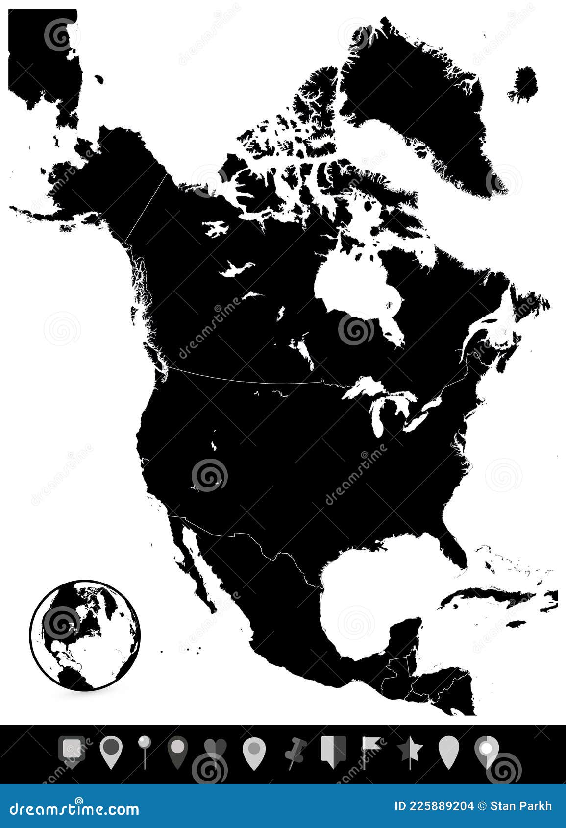 North America Black Map and Flat Map Pointers. No Text Stock Vector ...