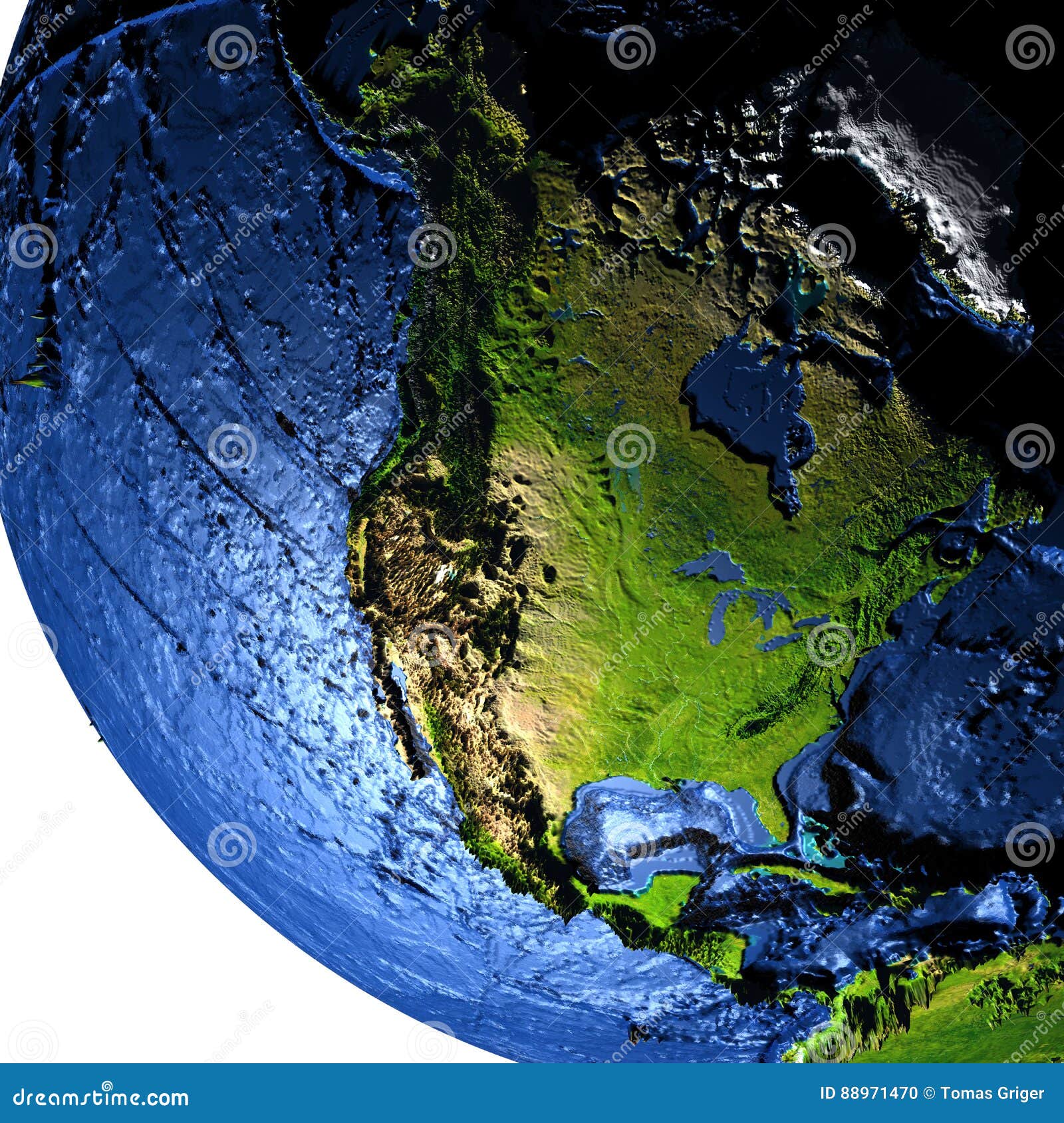 North America on Earth at Night with Exaggerated Mountains Stock ...