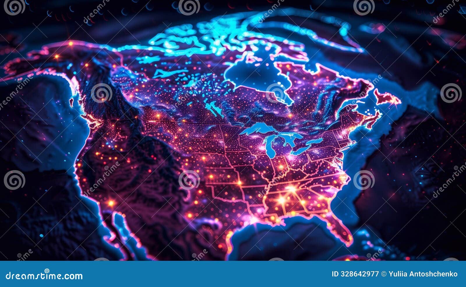 North America Map with Neon Effect Stock Illustration - Illustration of ...