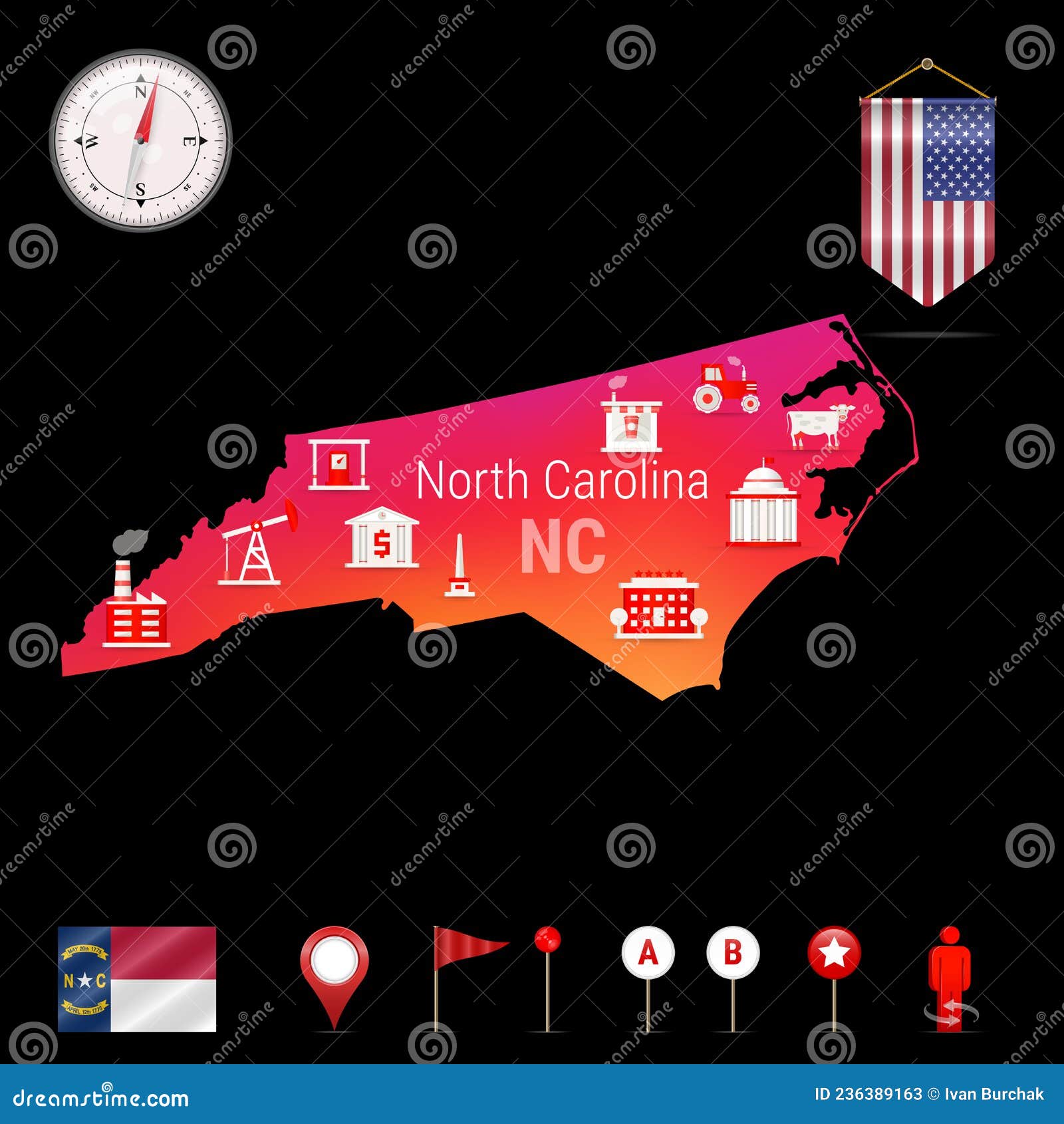 North Carolina Vector Map, Night View. Compass Icon, Map Navigation ...