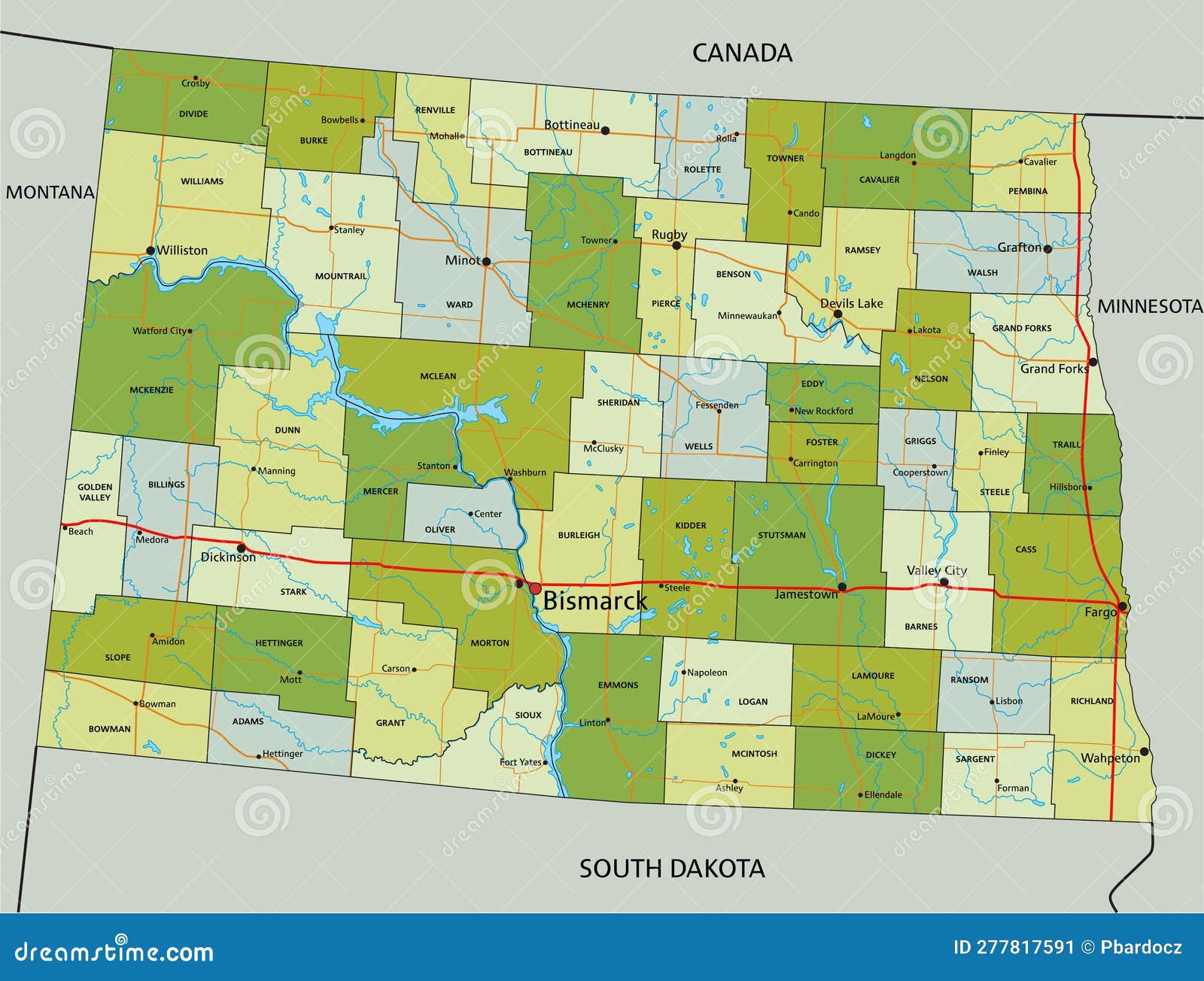 Detailed Editable Political Map with Separated Layers. North Dakota ...