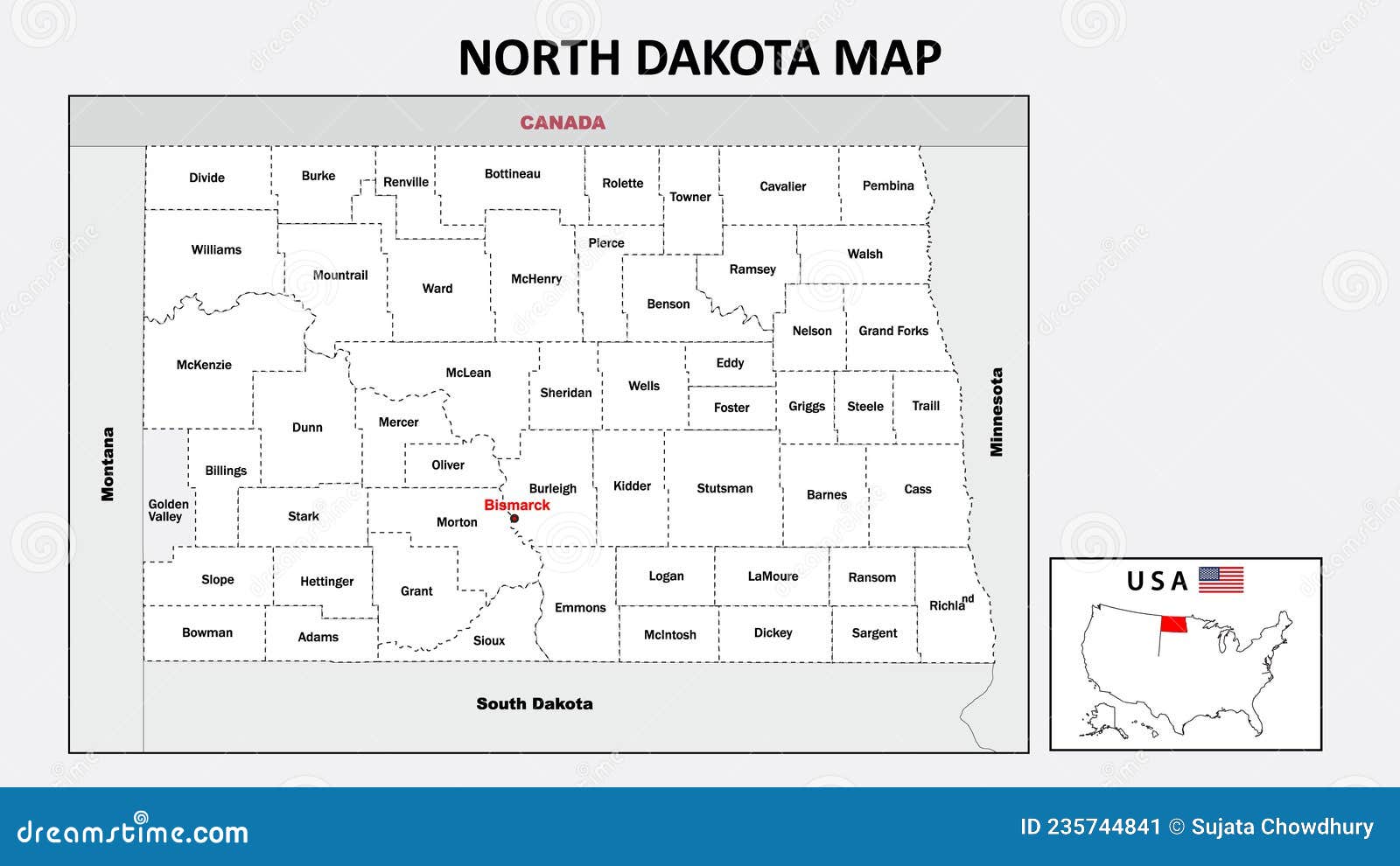 North Dakota Map. Political Map of North Dakota with Boundaries in ...