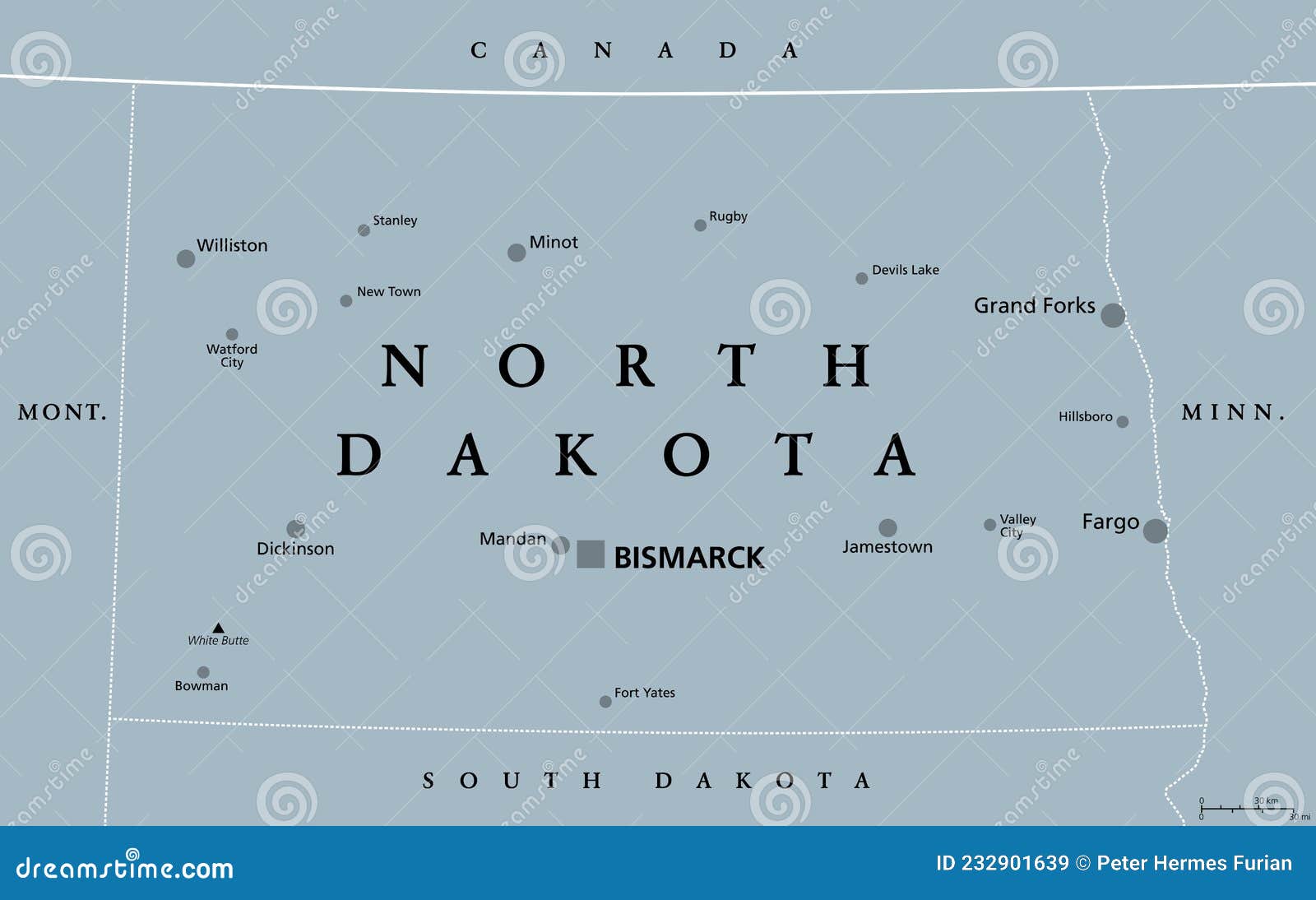 North Dakota, ND, Gray Political Map, US State, Peace Garden State ...