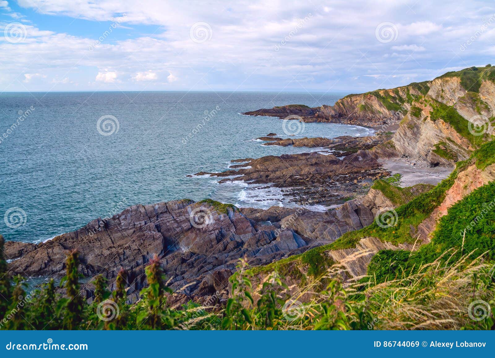Devon Coast Salcombe England Uk In Summer With Pilot Gig Boats And Blue ...