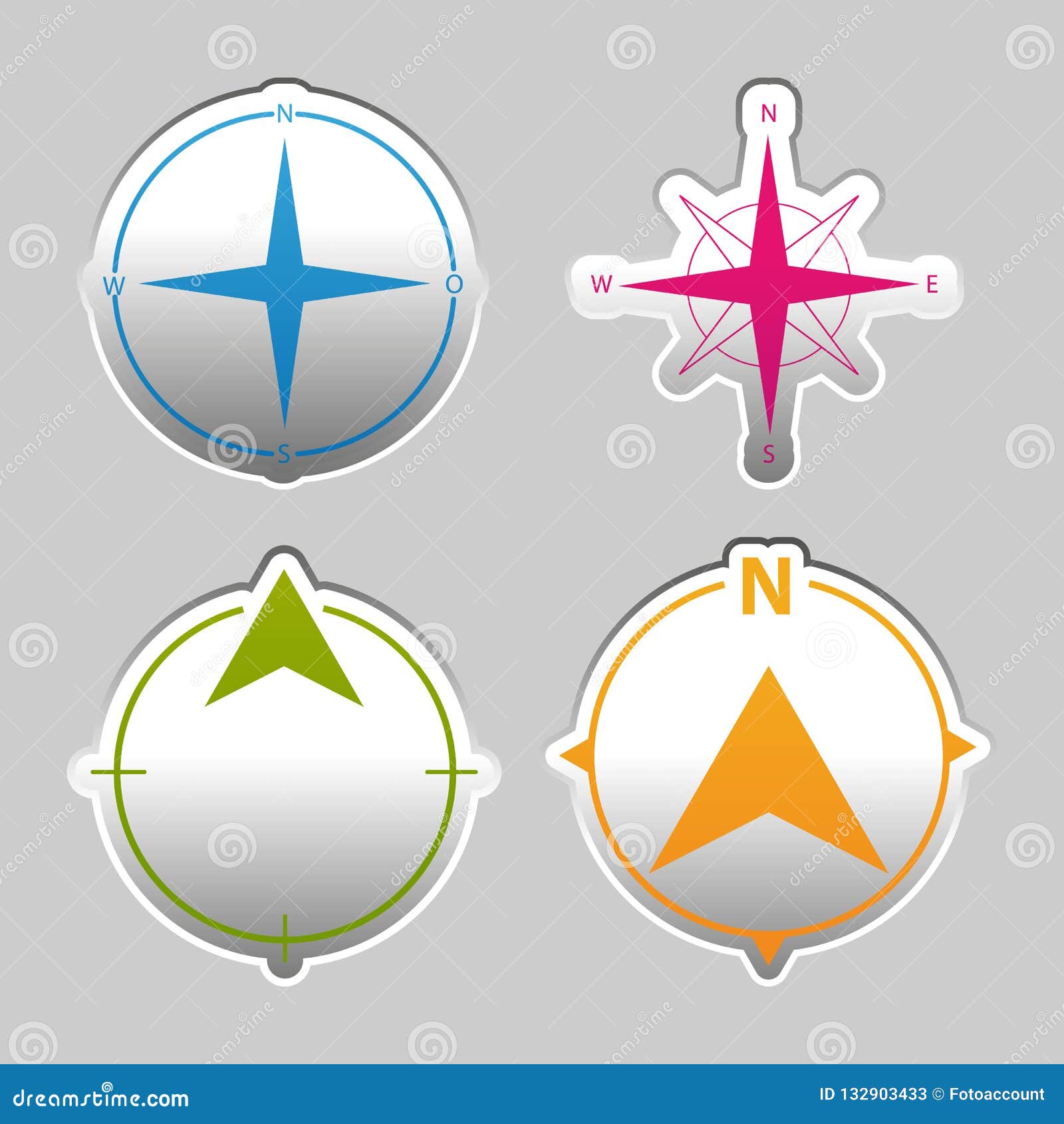 North Direction Compass - Silver Metallic Sticker Set - Colorful Vector ...
