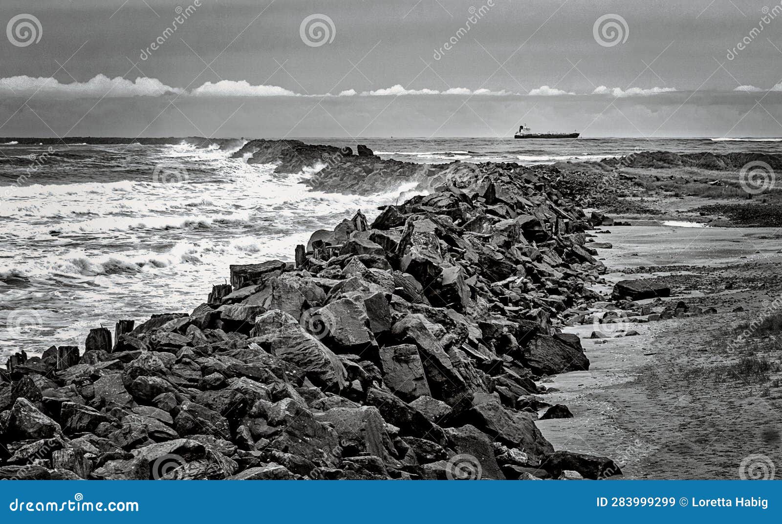 Coastal South Jetty and Ship in Black and White Stock Image - Image of ...