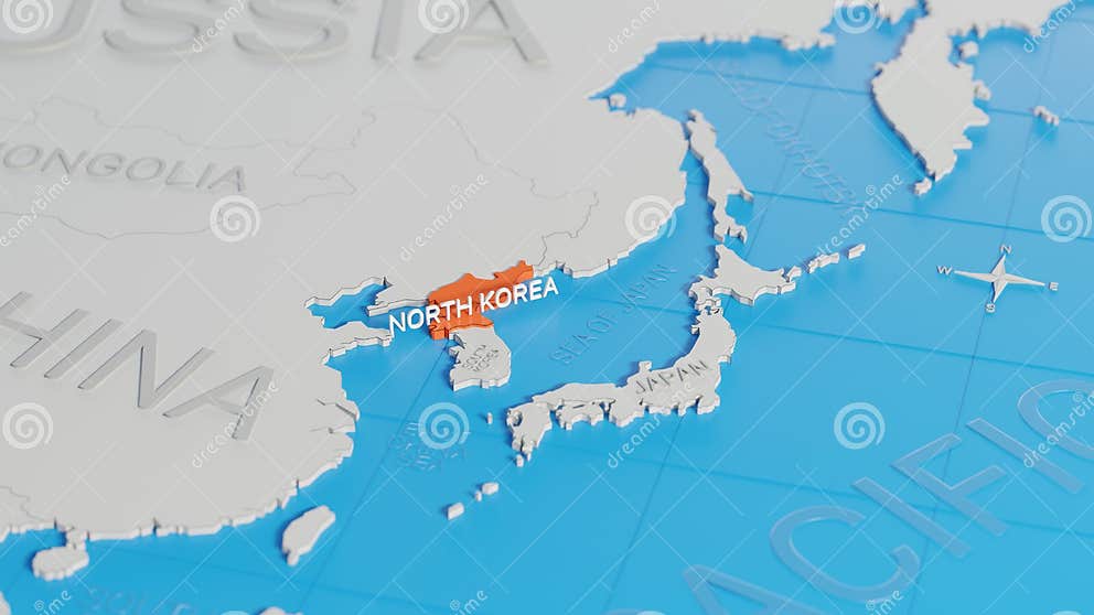 North Korea Highlighted on a White Simplified 3D World Map. Digital 3D ...
