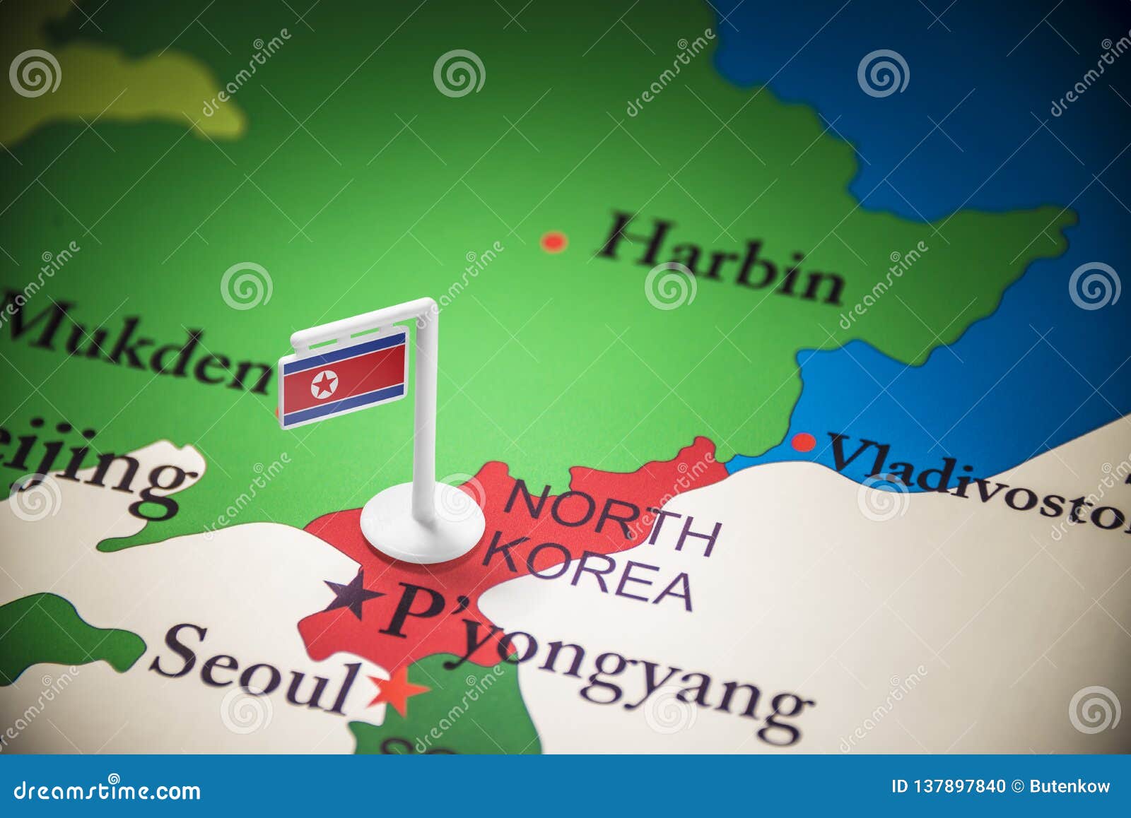 North Korea Marked with a Flag on the Map Stock Photo - Image of ...