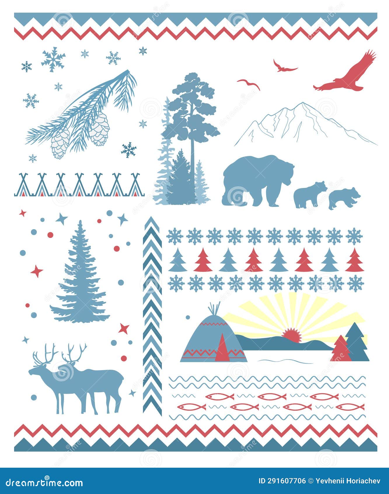 North Patterns with Animal and Tree Silhouettes. Stock Illustration ...