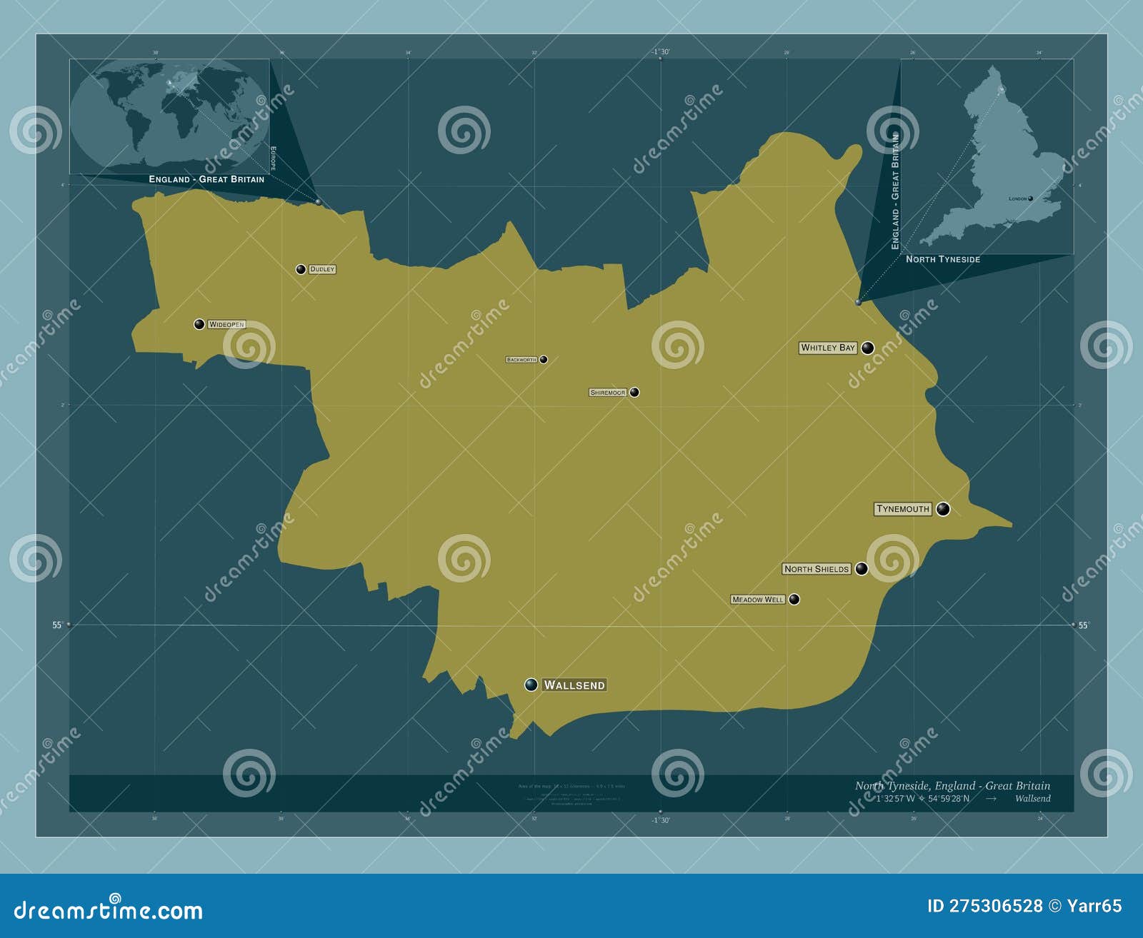North Tyneside, England - Great Britain. Solid. Labelled Points Stock ...