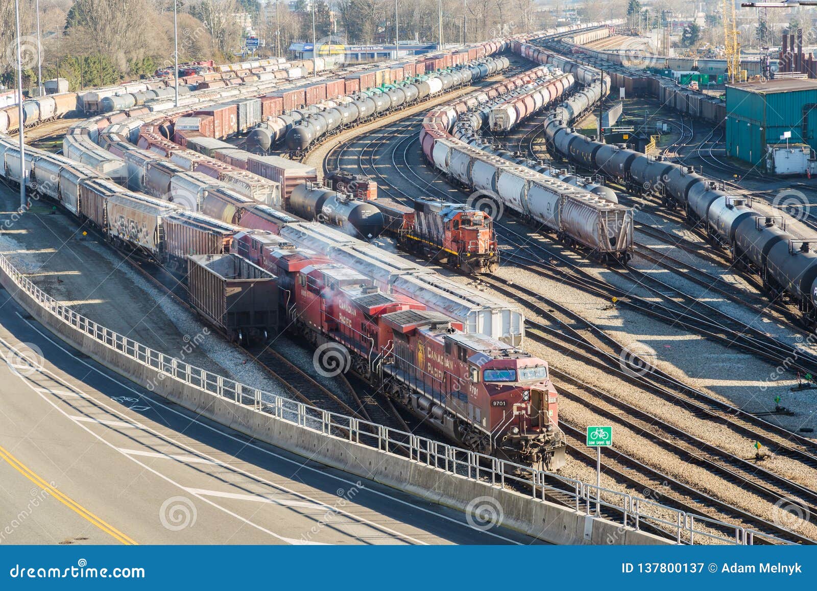 Busy Trainyard With Many Trains On Multiple Switching Tracks In Stock ...