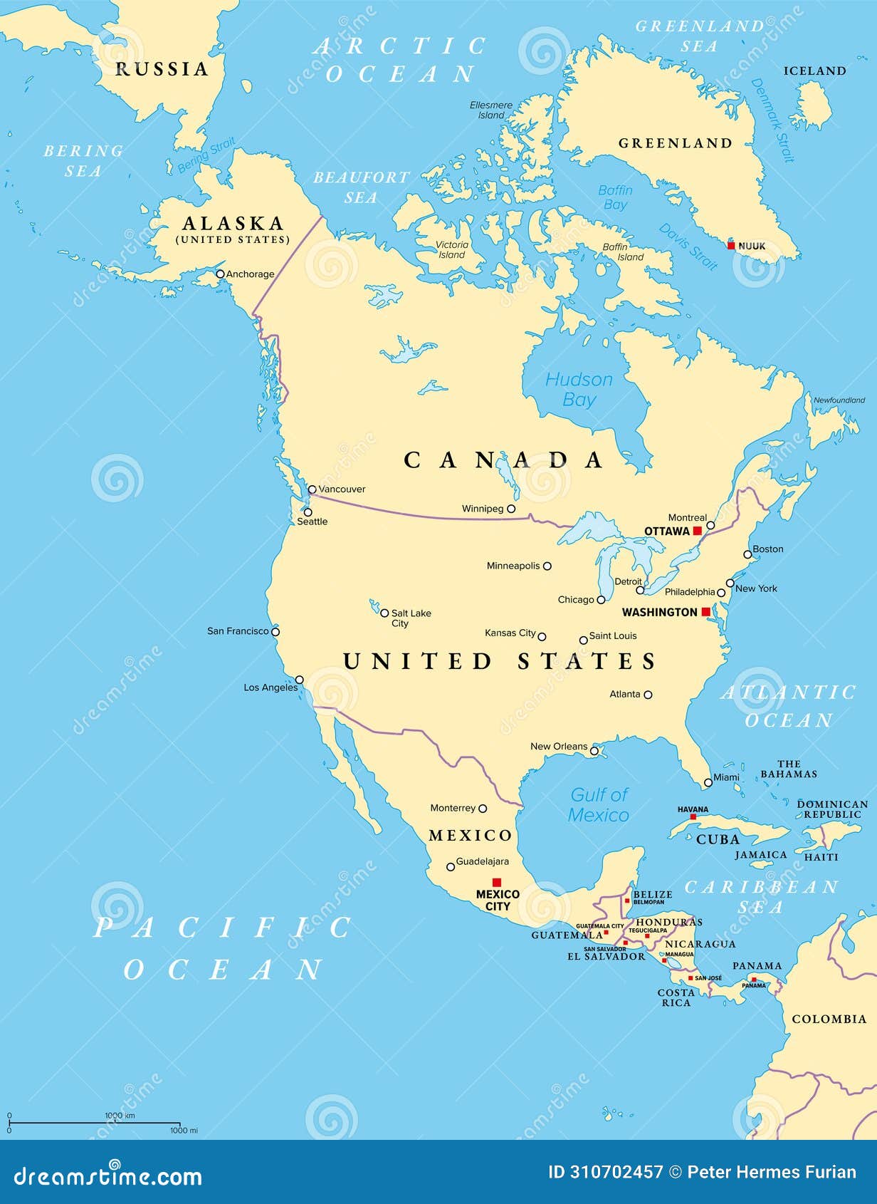 North America, Continent, Political Map of Canada, United States, and ...