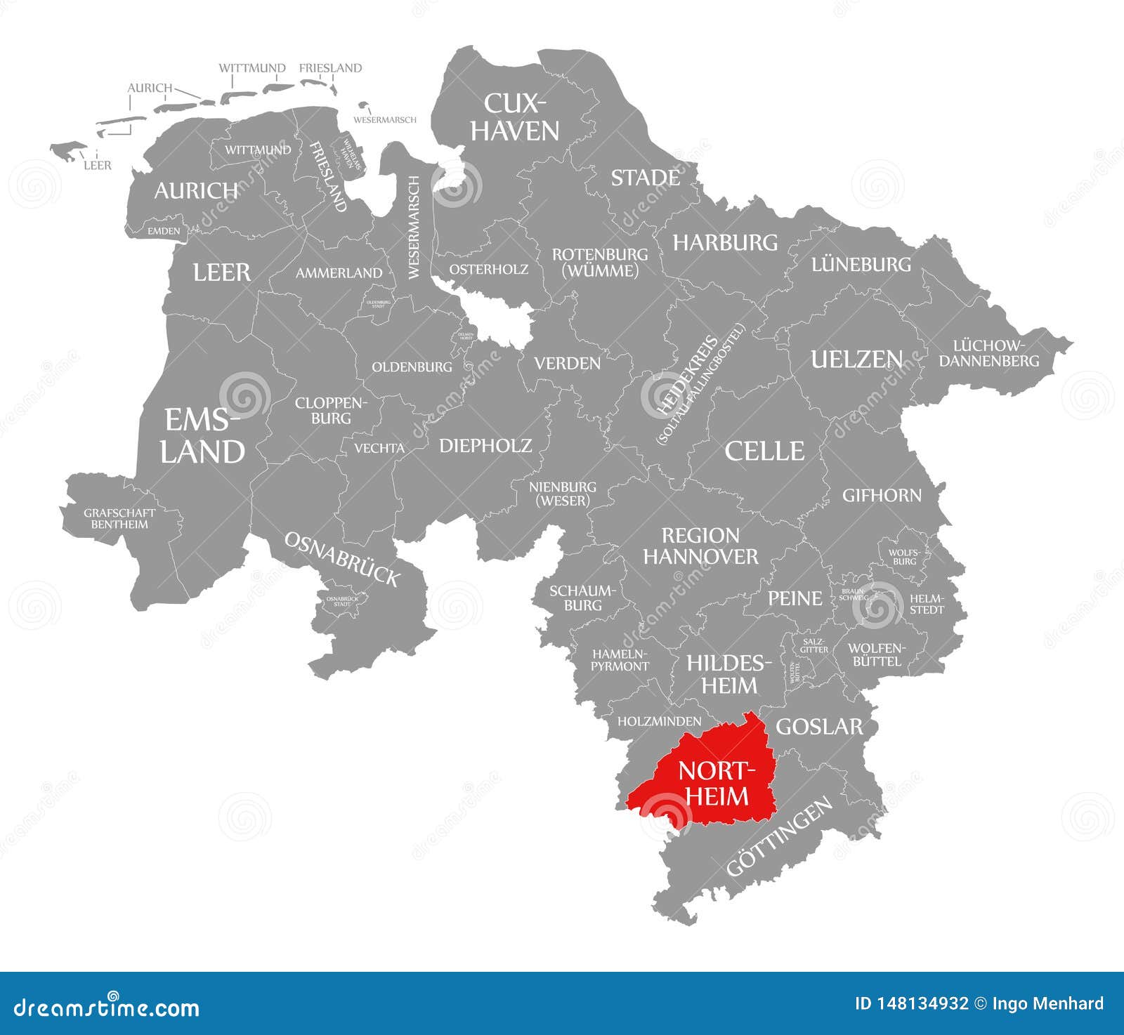 Northeim County Red Highlighted in Map of Lower Saxony Germany Stock ...