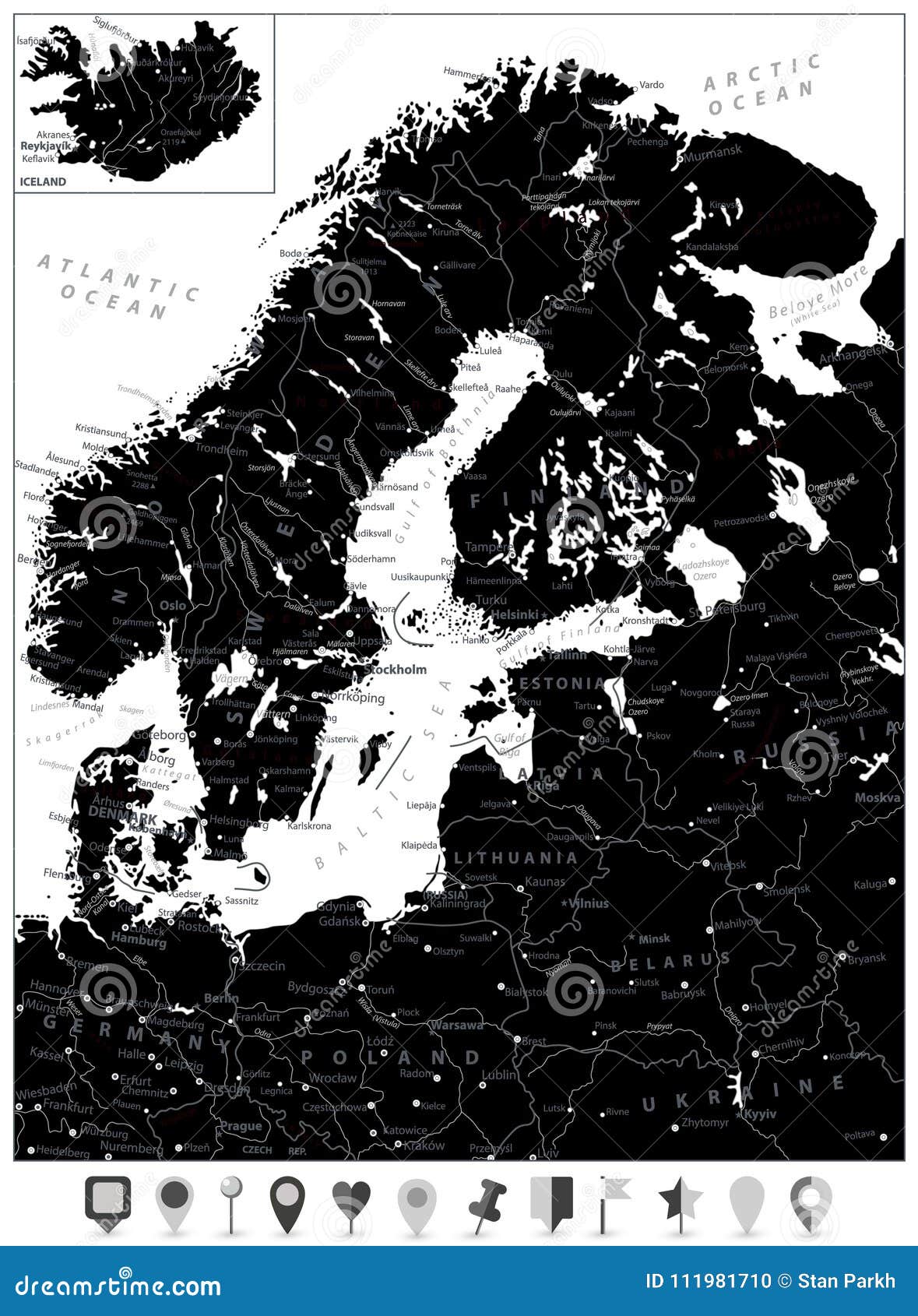 Northern Europe Black Map and Flat Map Pointers Stock Vector ...