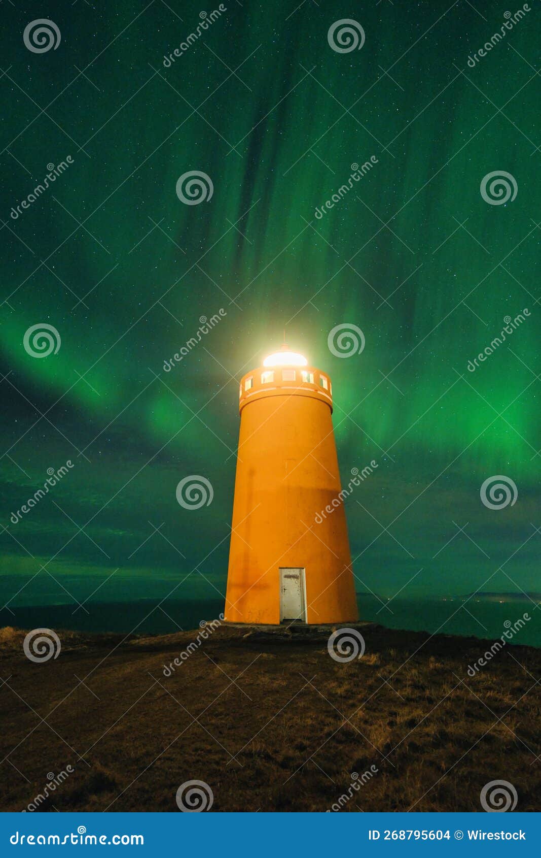 Northern Lights Aurora Borealis Over Lighthouse in Iceland Stock Photo ...