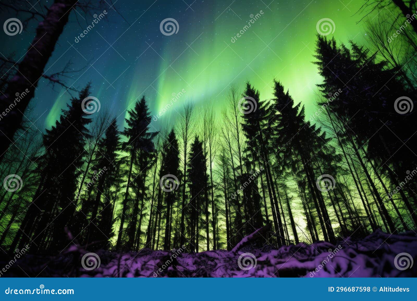 Northern Lights Aurora Seen from a Forest Clearing Stock Photo - Image ...