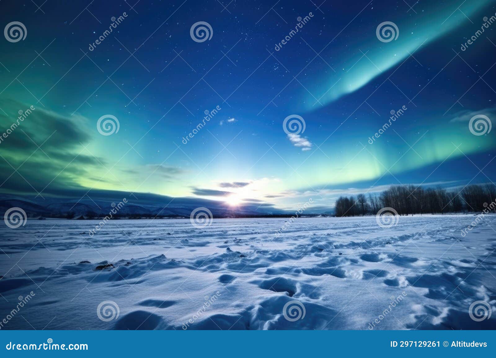 Northern Lights Flickering Over a Snowy Plain Stock Image - Image of ...