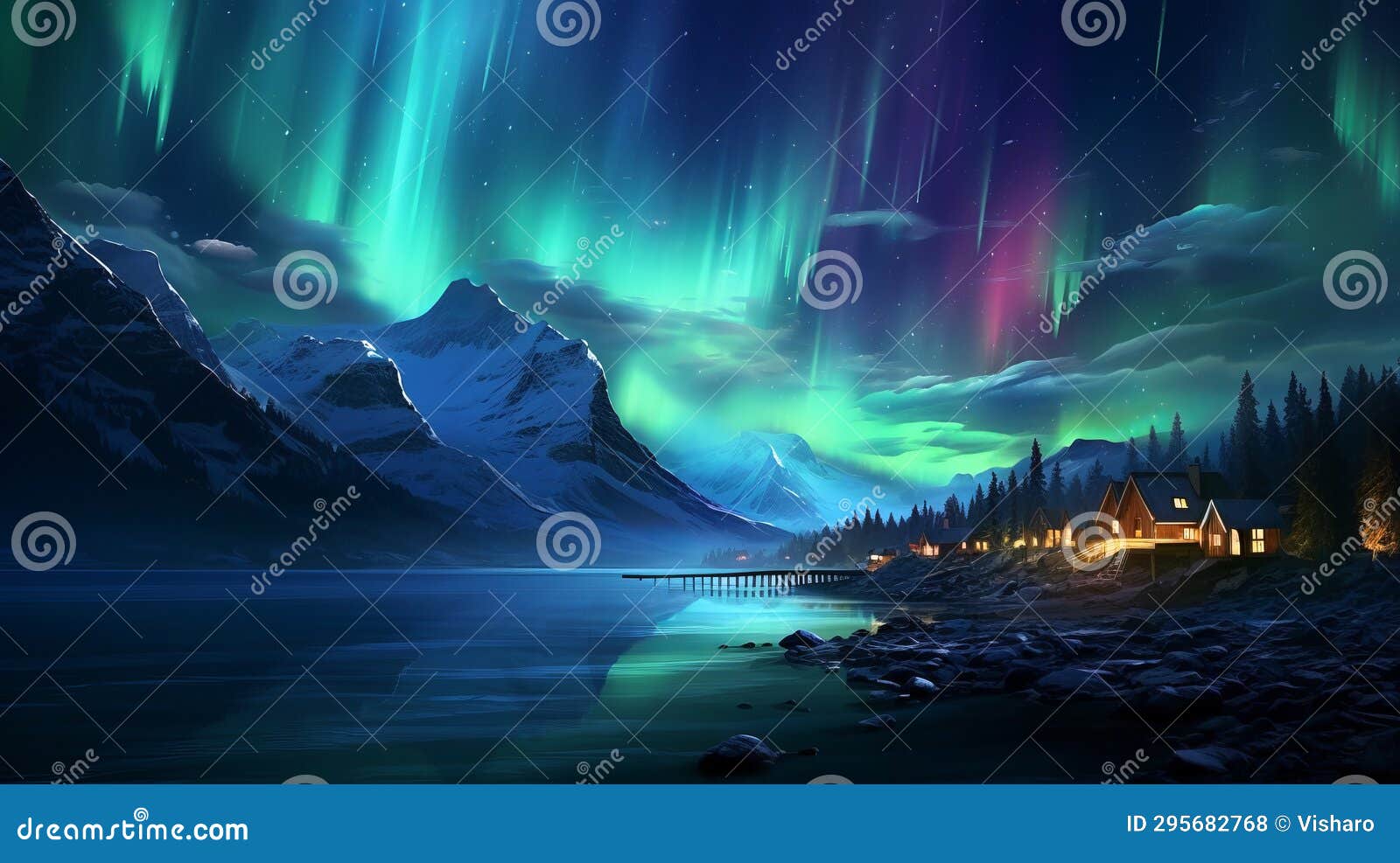 Northern Lights Over a Hamlet by the Lake Stock Illustration ...