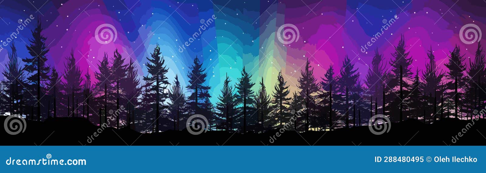 Northern Lights Over a Pine Forest Vector Simple 3d Isolated ...