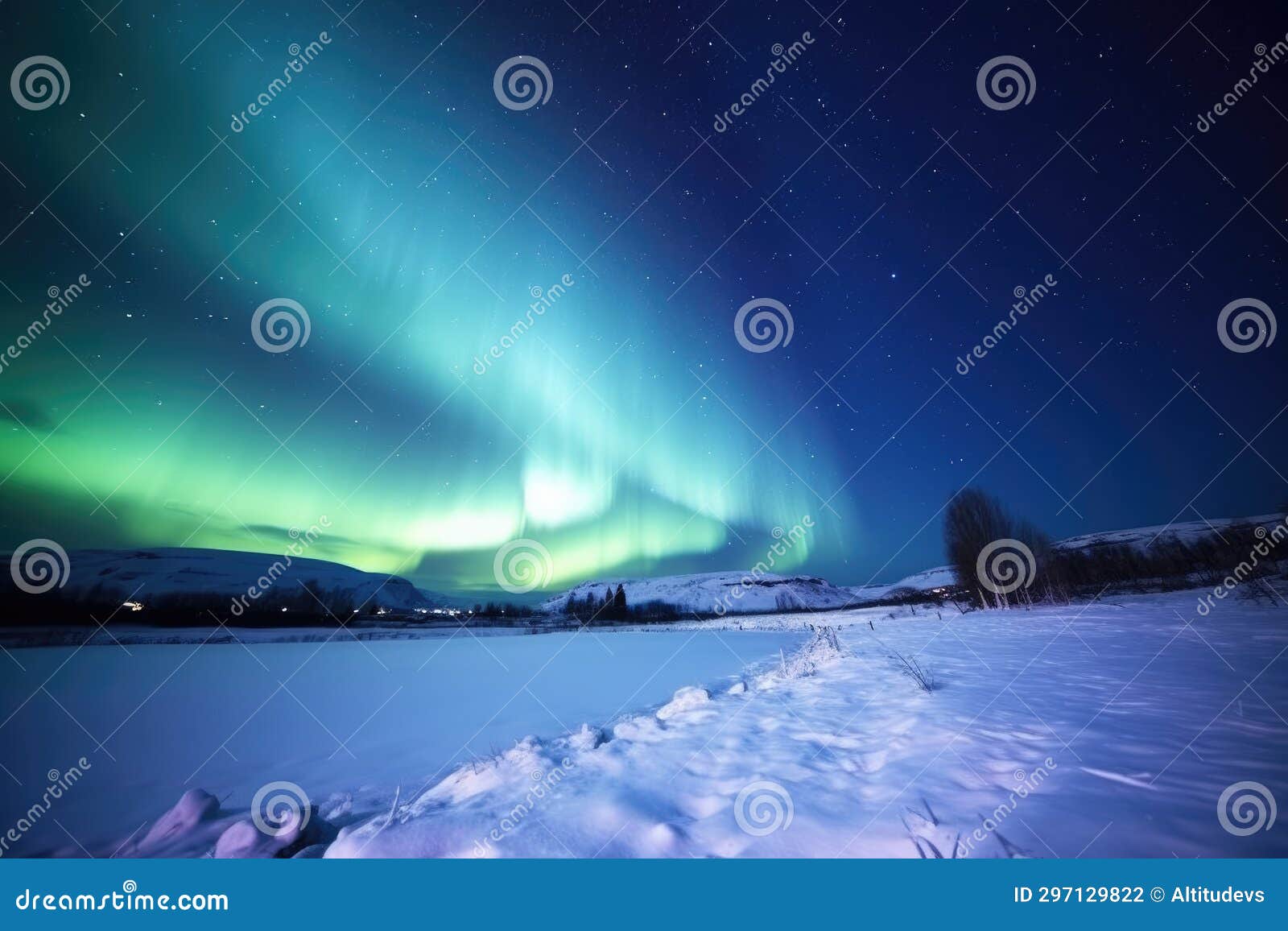Northern Lights Over a Snowy Landscape Stock Photo - Image of polar ...