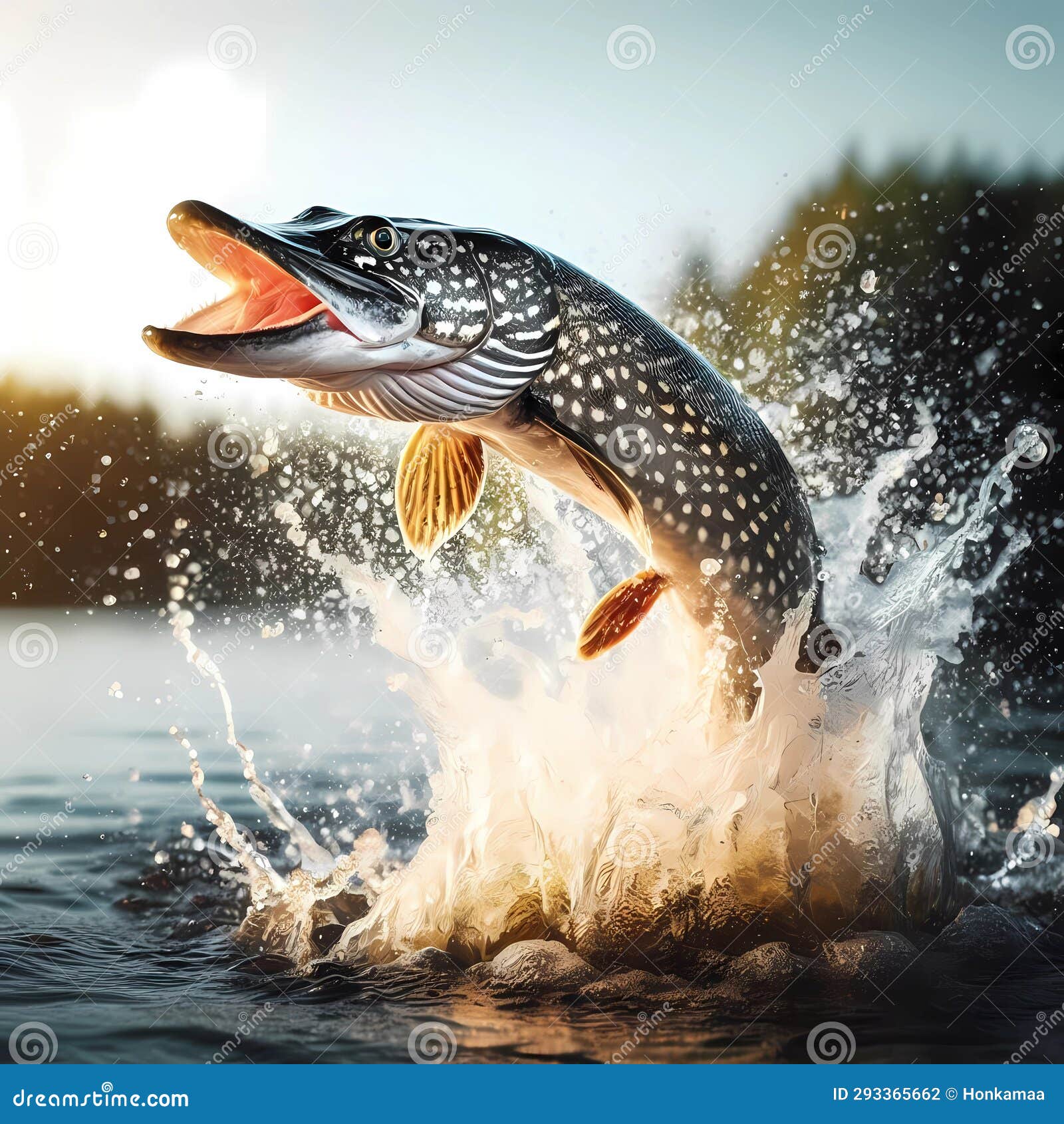 Jumping Pike Fish In Water Splashes Cartoon Vector | CartoonDealer.com ...