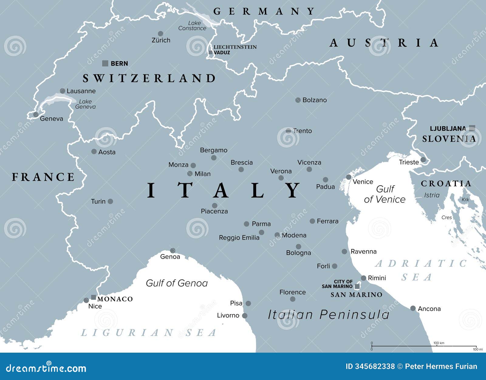 Northern Italy, Gray Political Map of the Northern Part of Italy Stock ...