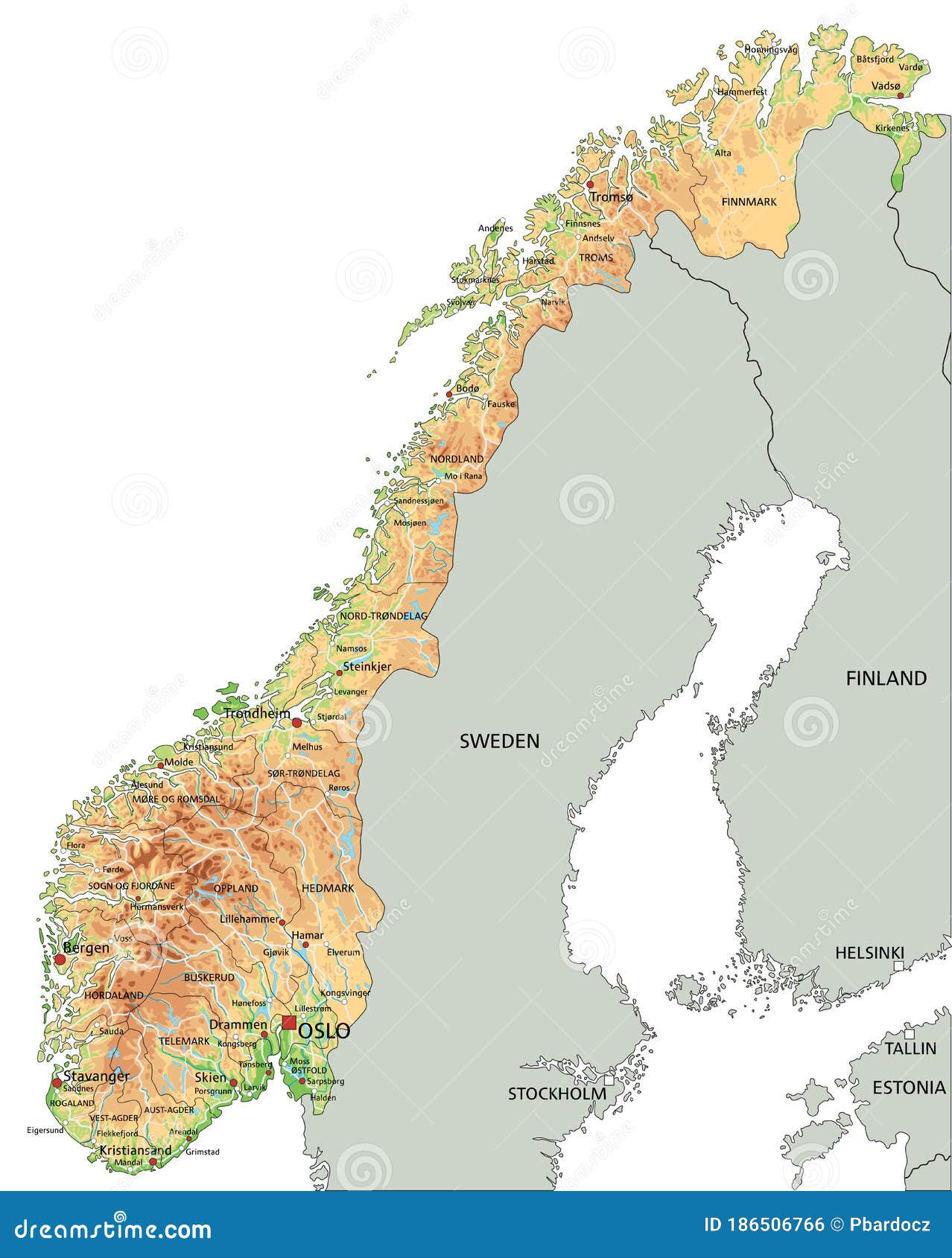 High Detailed Norway Physical Map with Labeling. Stock Vector ...