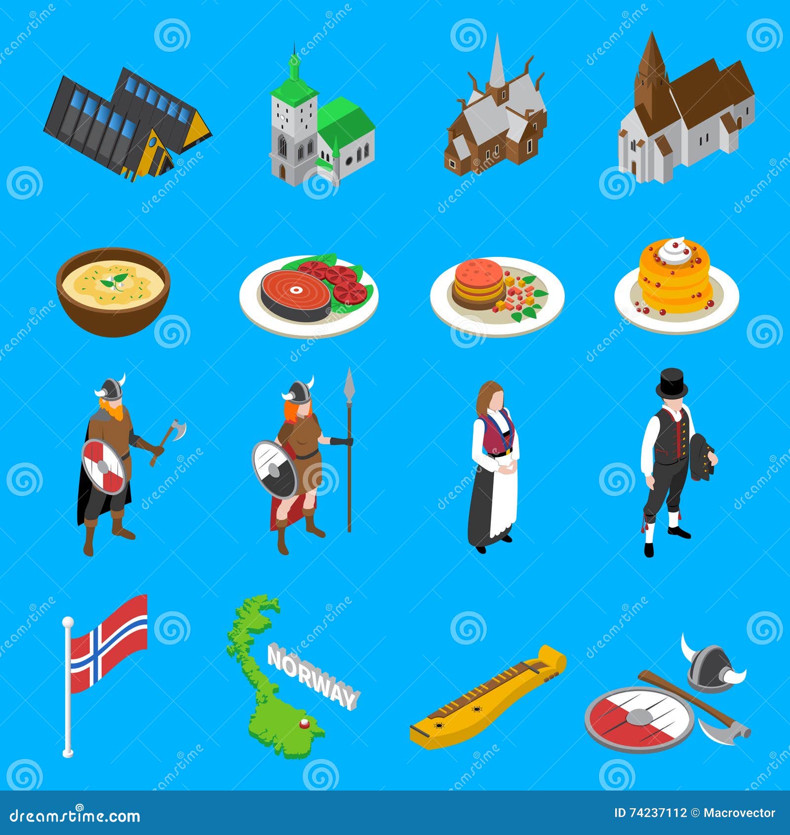 Norway Touristic Attractions Isometric Icons Collection Stock Vector Illustration Of Herring