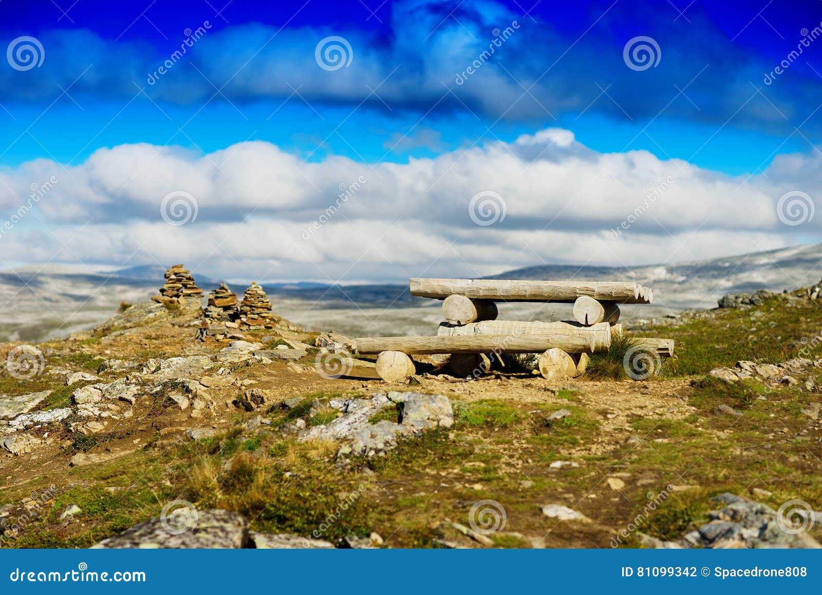 Norway Viking Camping Table with Zen Stone Tower Landscape Stock Photo ...
