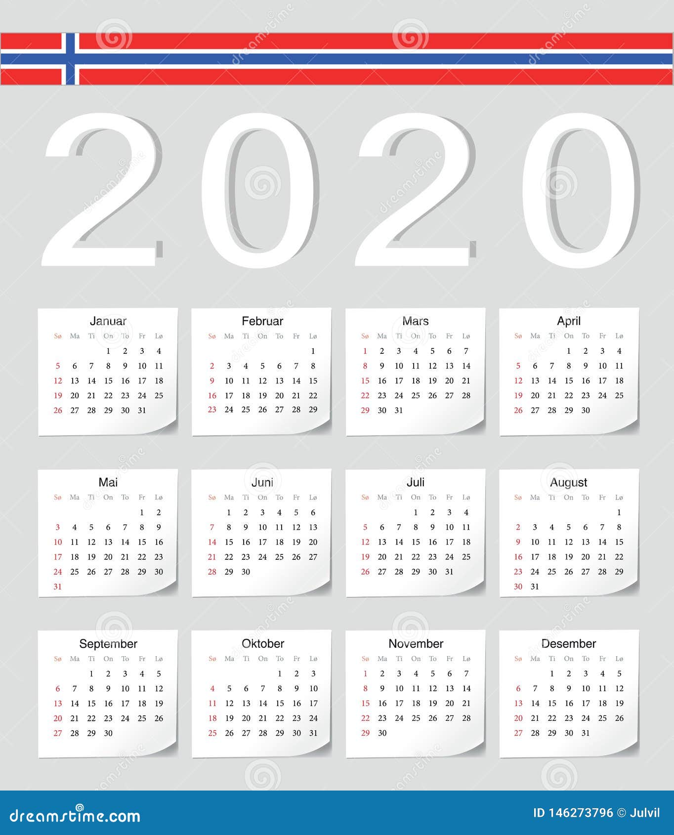 Norwegian 2020 calendar stock vector. Illustration of blue - 146273796