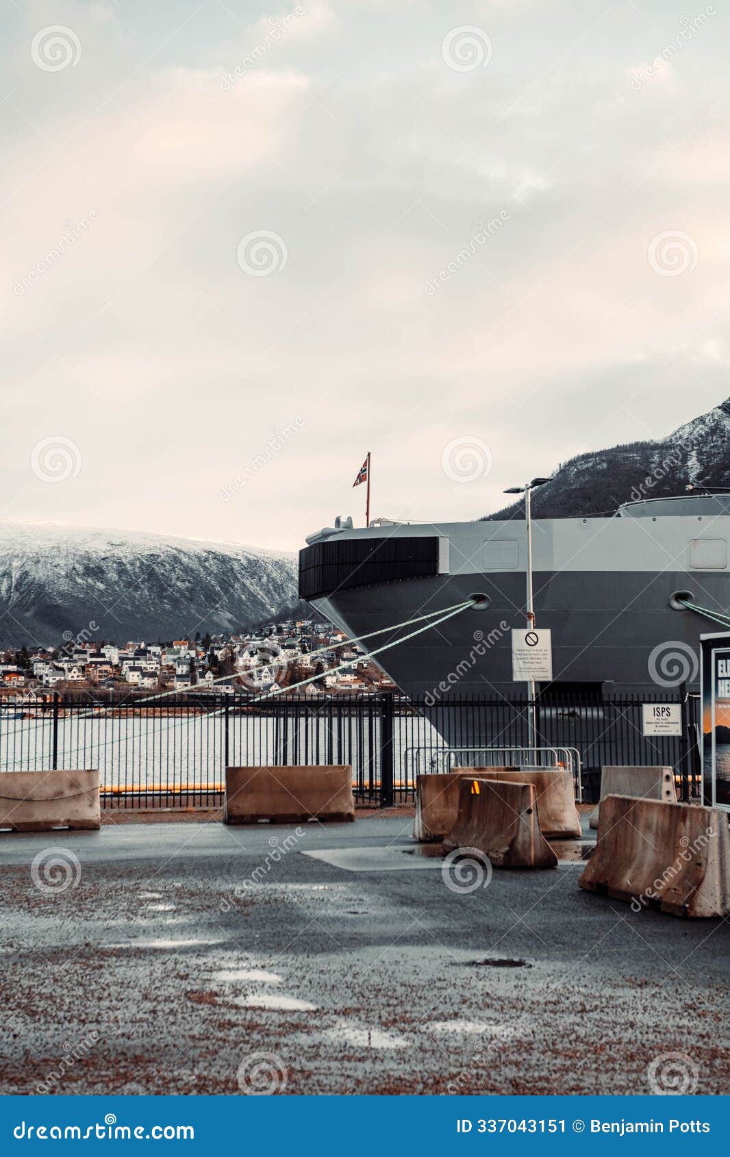 Norwegian Flag on the Front of Boat in Tromso Harbour, Norway in Autumn ...