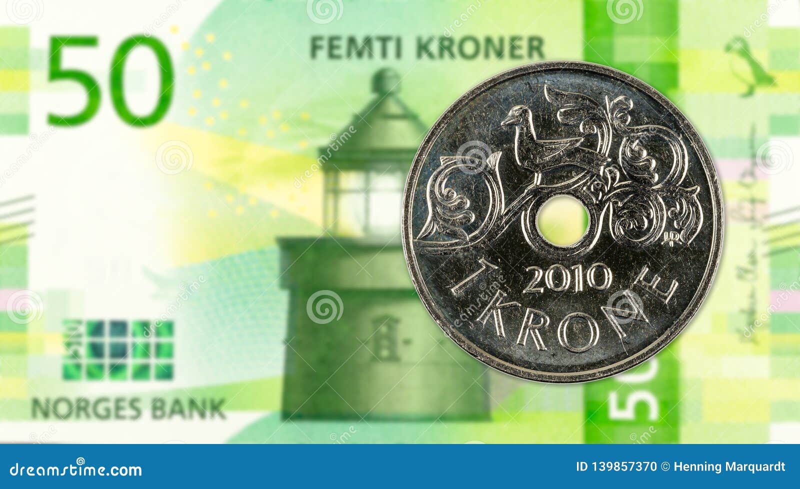 1 Norwegian Krone Coin Against 50 New Norwegian Krone Banknote Stock ...