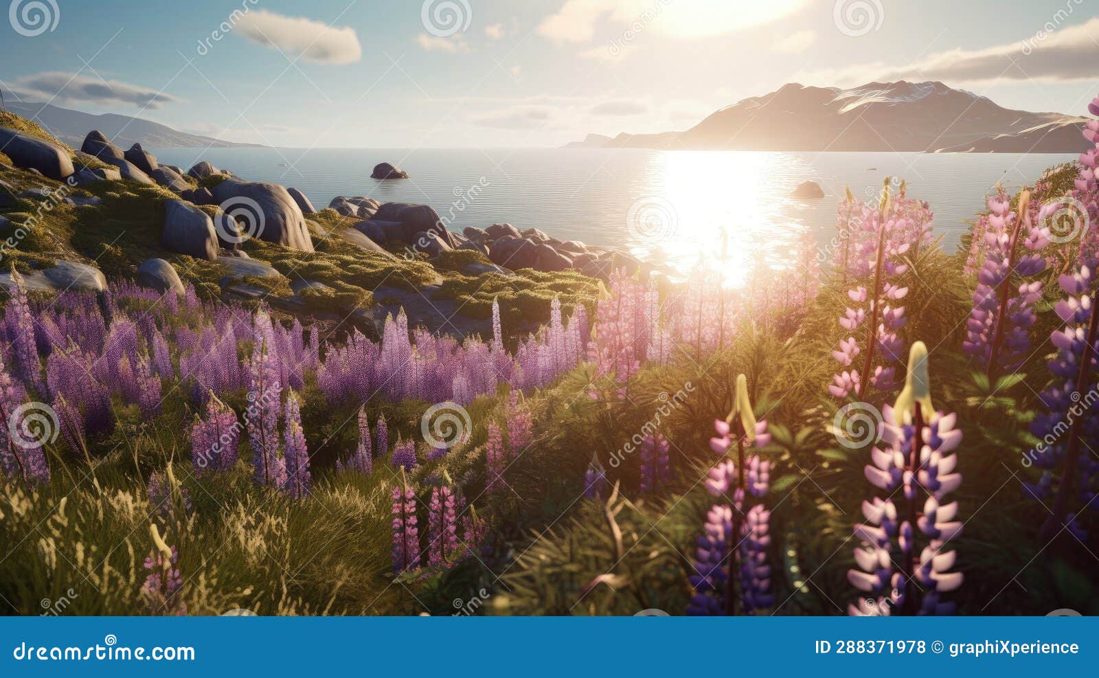 Norwegian Lupine Fields by the Fjord Stock Illustration - Illustration ...