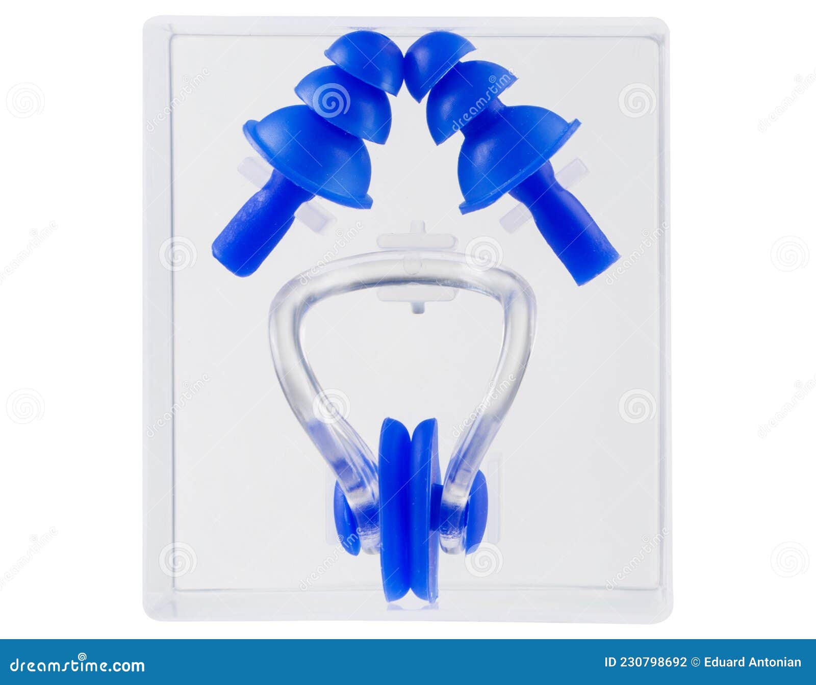 Nose Clip and Blue Earplugs in a Plastic Box, Swimming Set, on a White ...