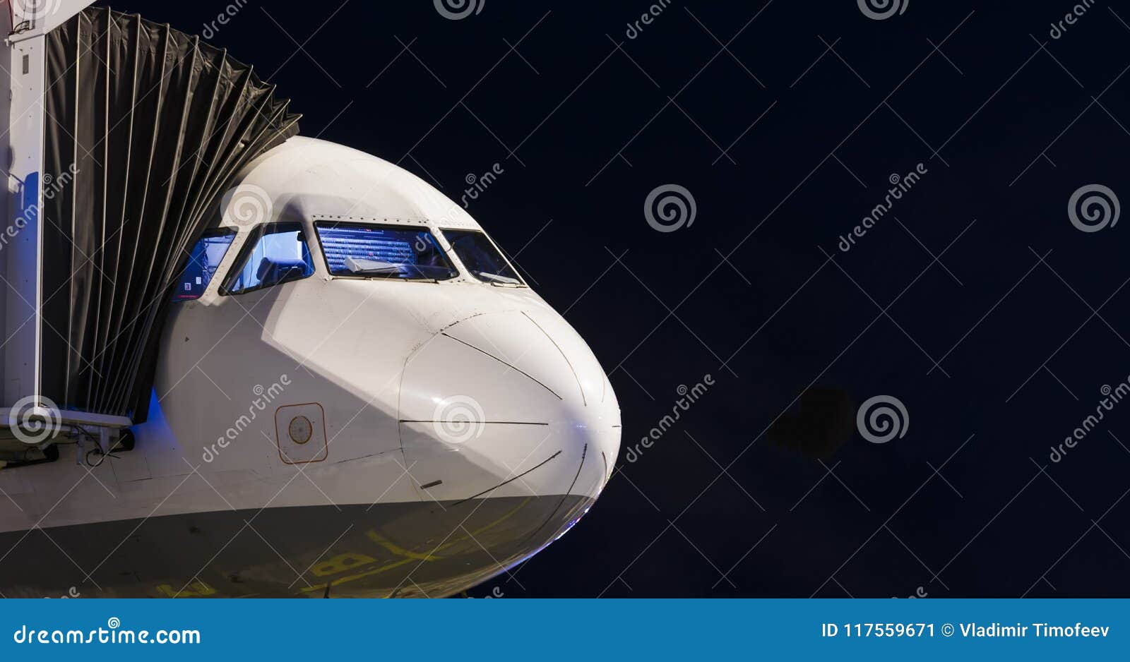 Nose of Jet Liner Night at Gate Waiting for Boarding. Black Copyspace ...