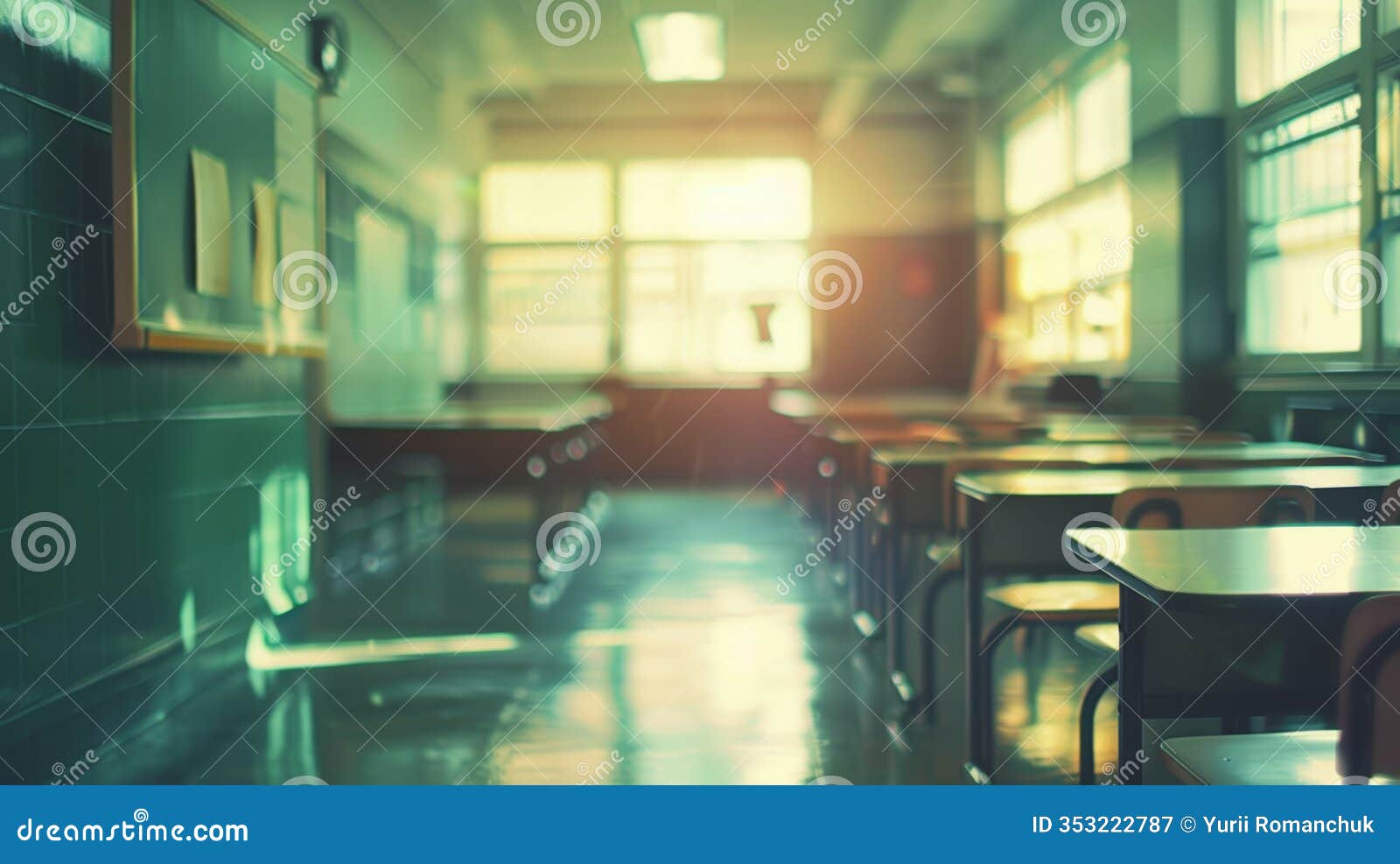 Nostalgic Classroom Scene Empty Desks and Chairs in a Blurred ...