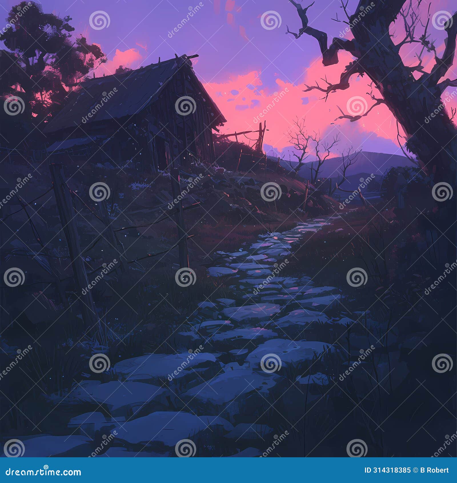 Nostalgic Farmhouse Path at Sunset Stock Illustration - Illustration of ...