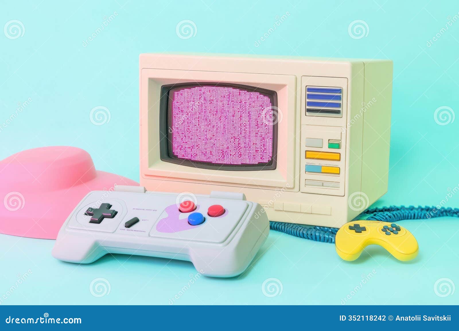 Retro Gaming Console with Pixelated Screen and Colorful Controllers Set ...
