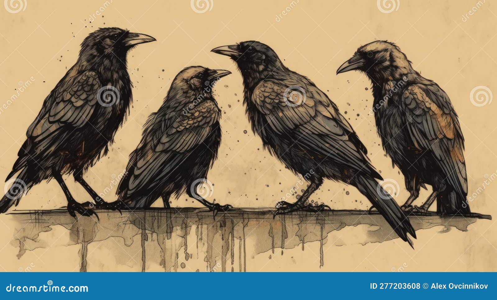 Nostalgic Illustration of Four Crows with Simplistic Style for ...